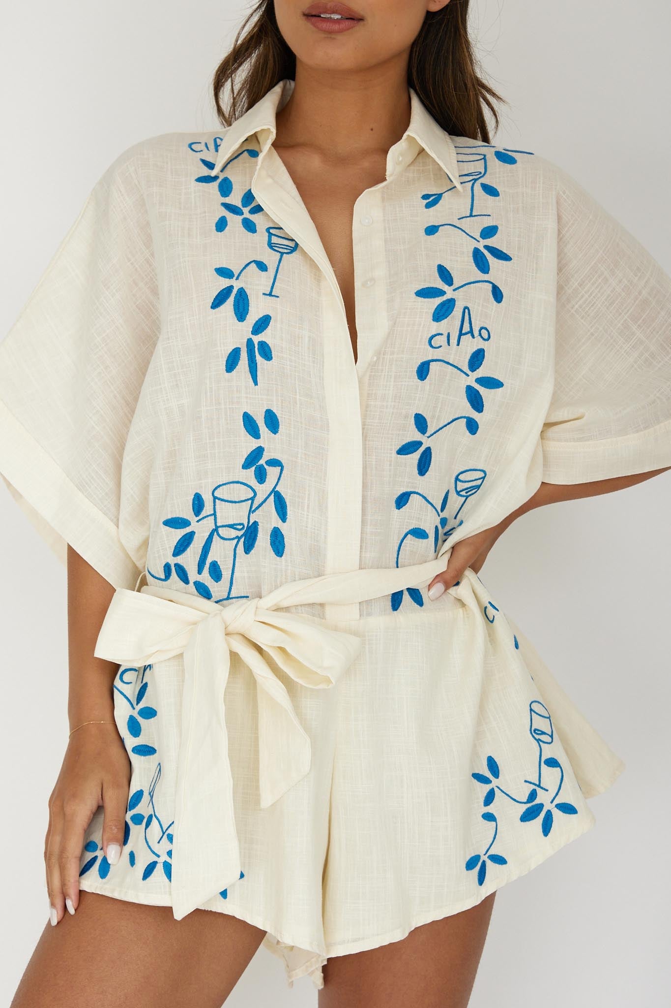 Shop the Daytona Beach Button-Up Romper Embroidered Beige