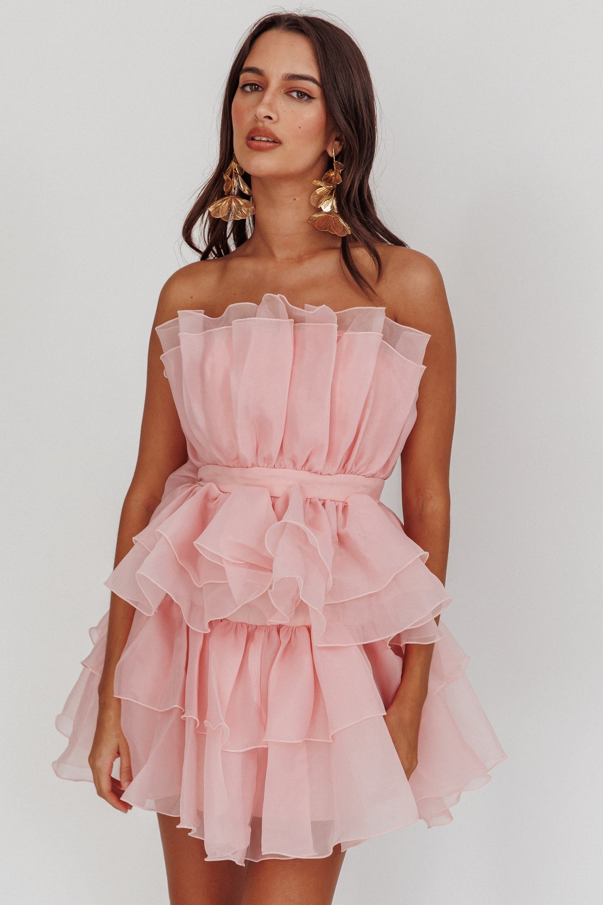 Bon Bon Tiered Chiffon Mini Dress Blush– Selfie Leslie