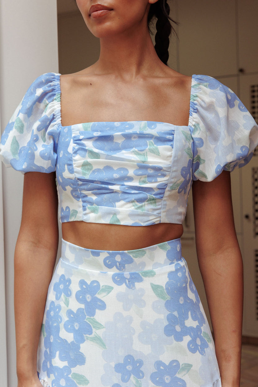 The Moment Puff Sleeve Crop Top Floral Blue | Selfie Leslie