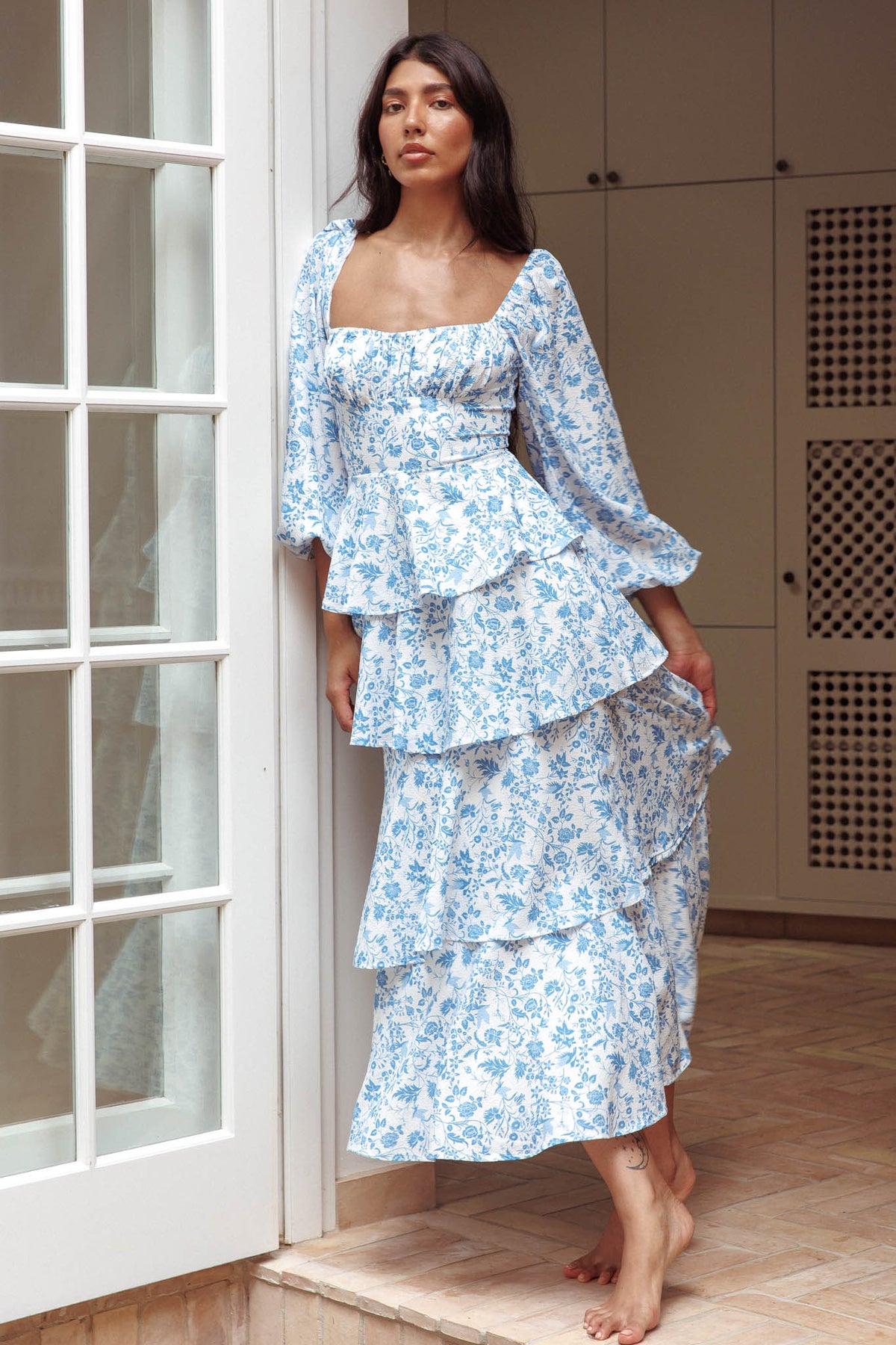 Provence Bloom Long Sleeve Maxi Dress Floral Blue | Selfie Leslie