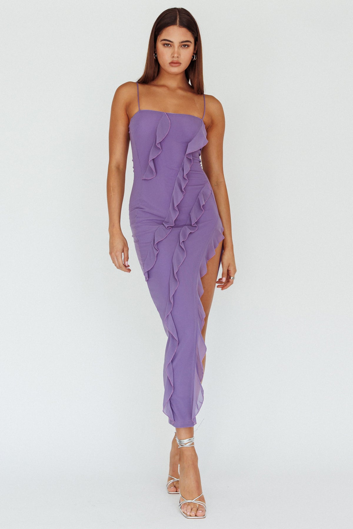 Catriona Split Ruffle Midi Dress Mauve | Selfie Leslie