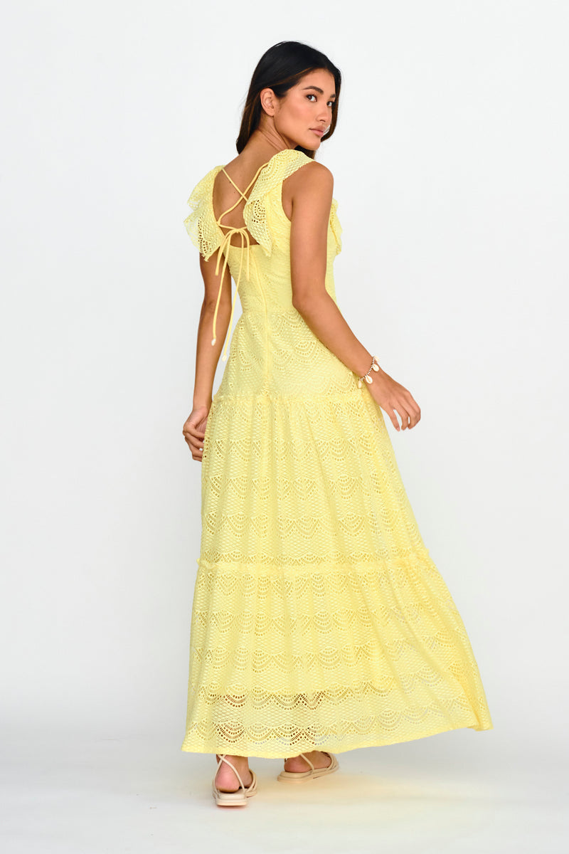 Shop the Portofino Sunset Ruffle Lace Maxi Dress Lemon