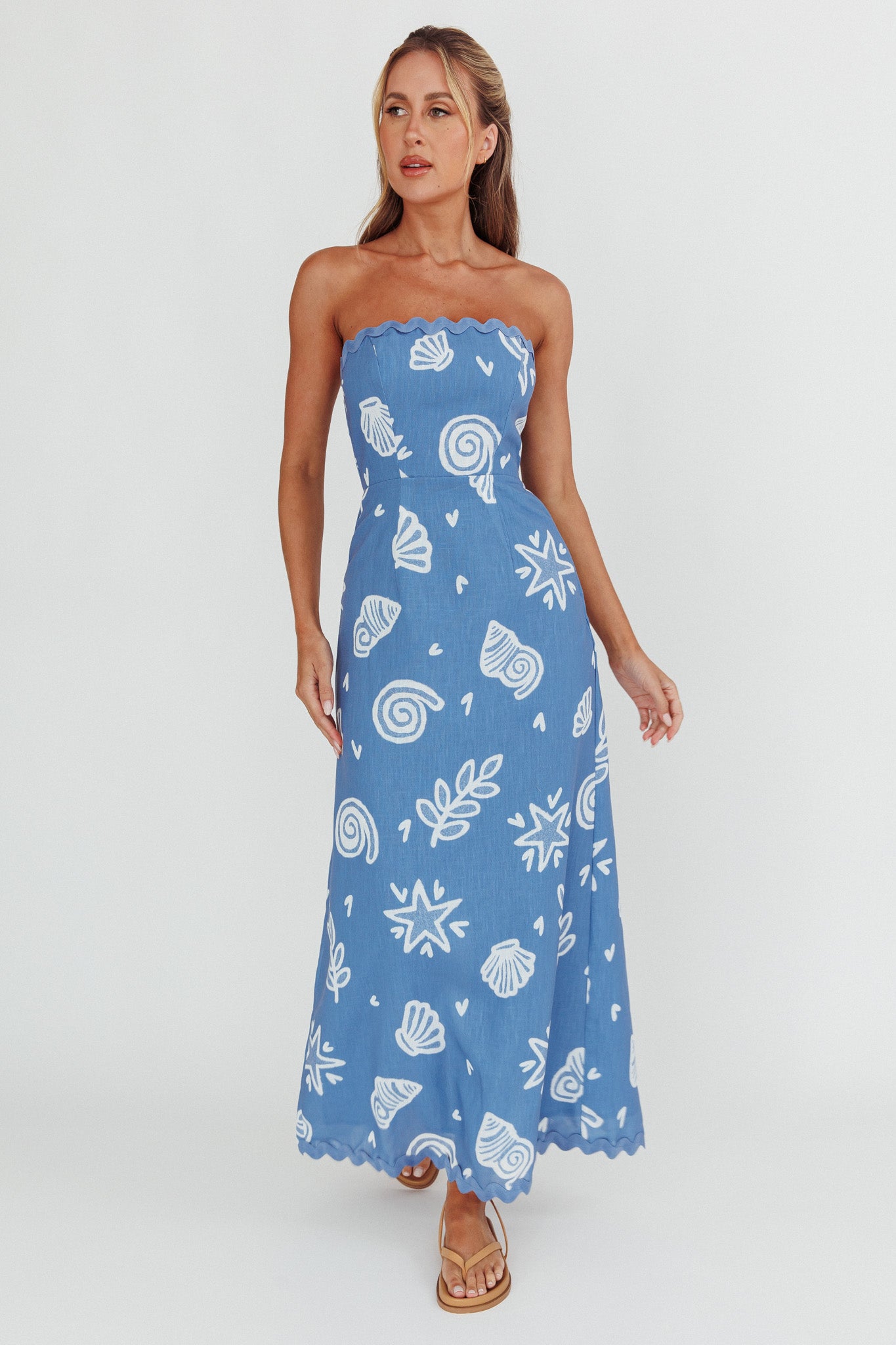 Shop the Cypress Ric Rac Trim Strapless Dress Shell Blue