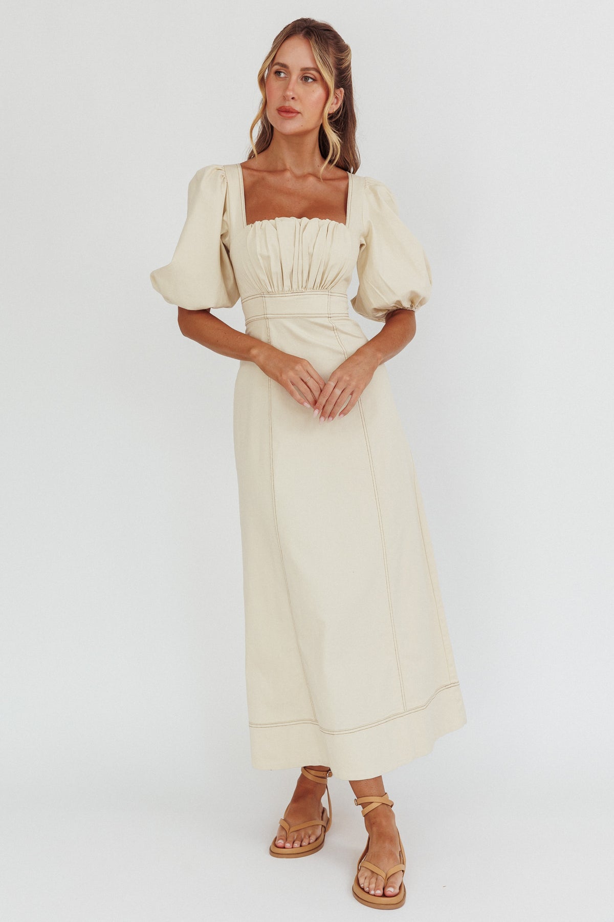 Sibille Puff Sleeve Contrast Stitch Dress Butter– Selfie Leslie