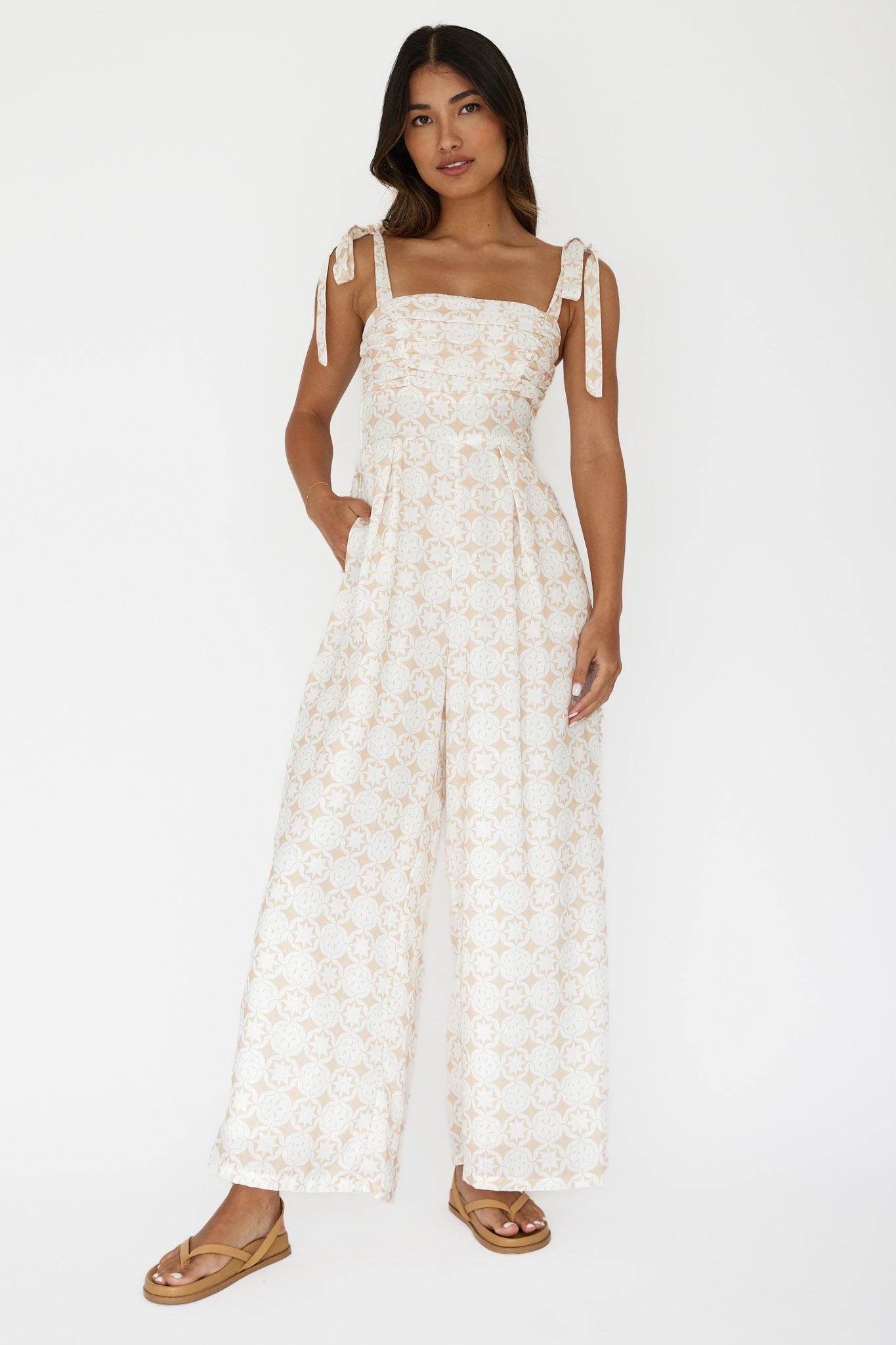 Shop the Kersty Tied Shoulder Jumpsuit Beige