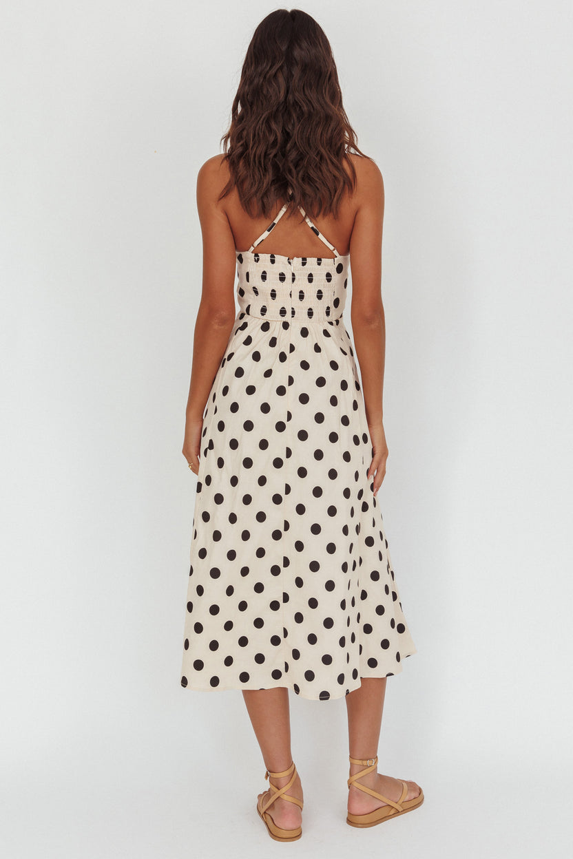 Second Glance Olga Criss-Cross Back Midi Dress Polka Dot Beige– Selfie ...