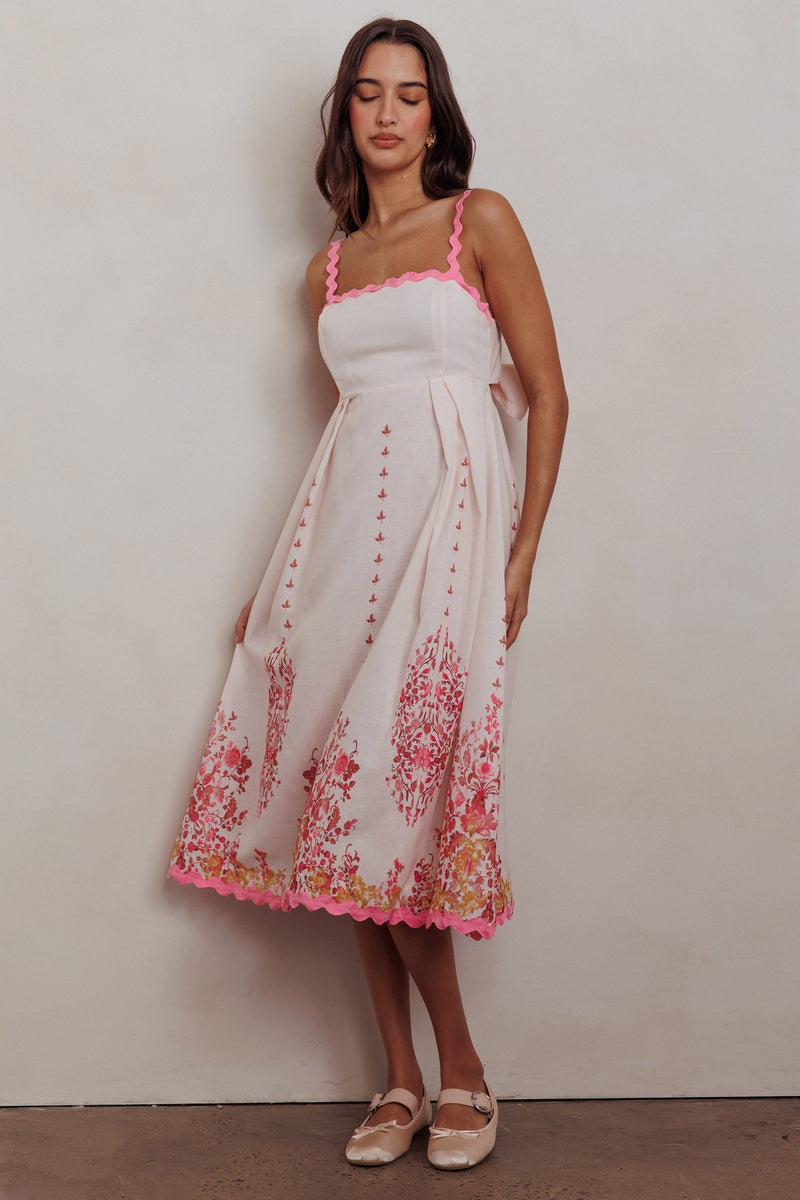 Shop the Asami Floral Print Ric Rac Trim Midi Dress Blush