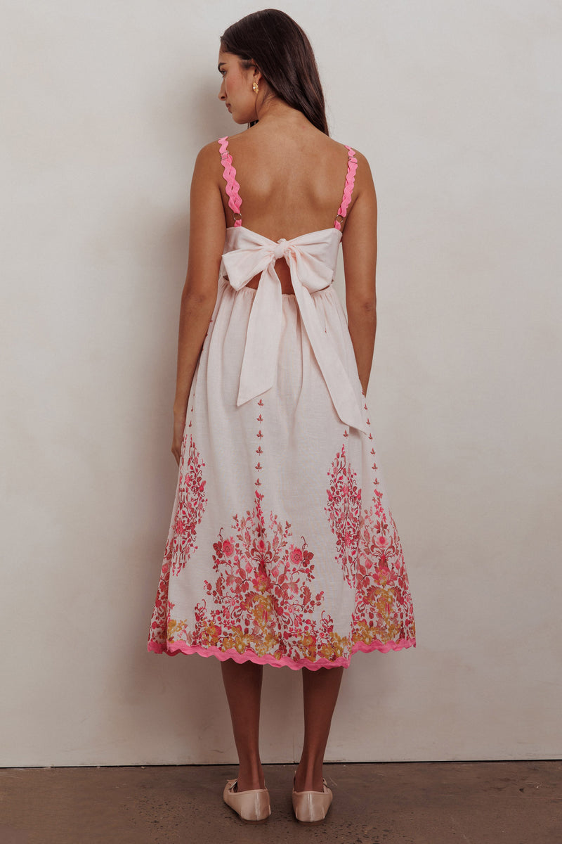 Shop the Asami Floral Print Ric Rac Trim Midi Dress Blush