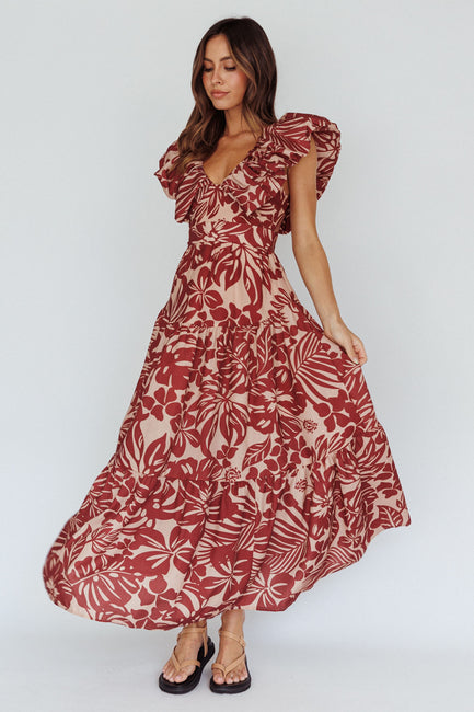 Shop the Kahlo Puffed Ruffle Neckline Maxi Dress Print Flame | Selfie ...