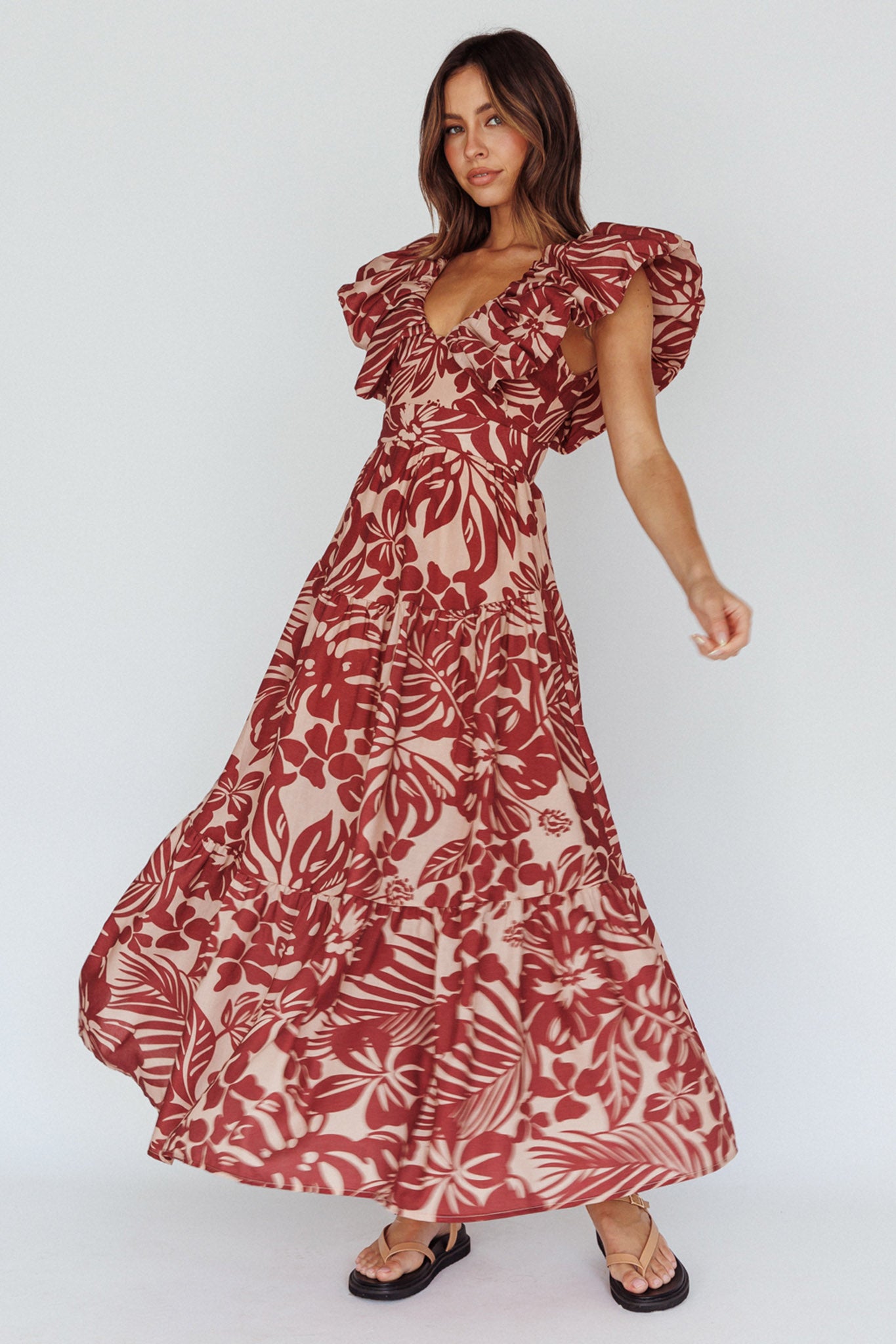 Shop the Kahlo Puffed Ruffle Neckline Maxi Dress Print Flame
