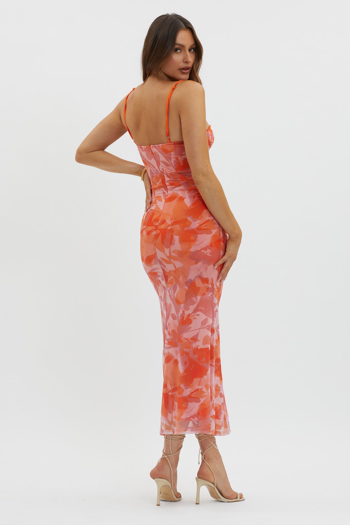 Shop the Fortune Lace Trim Mesh Midi Dress Orange