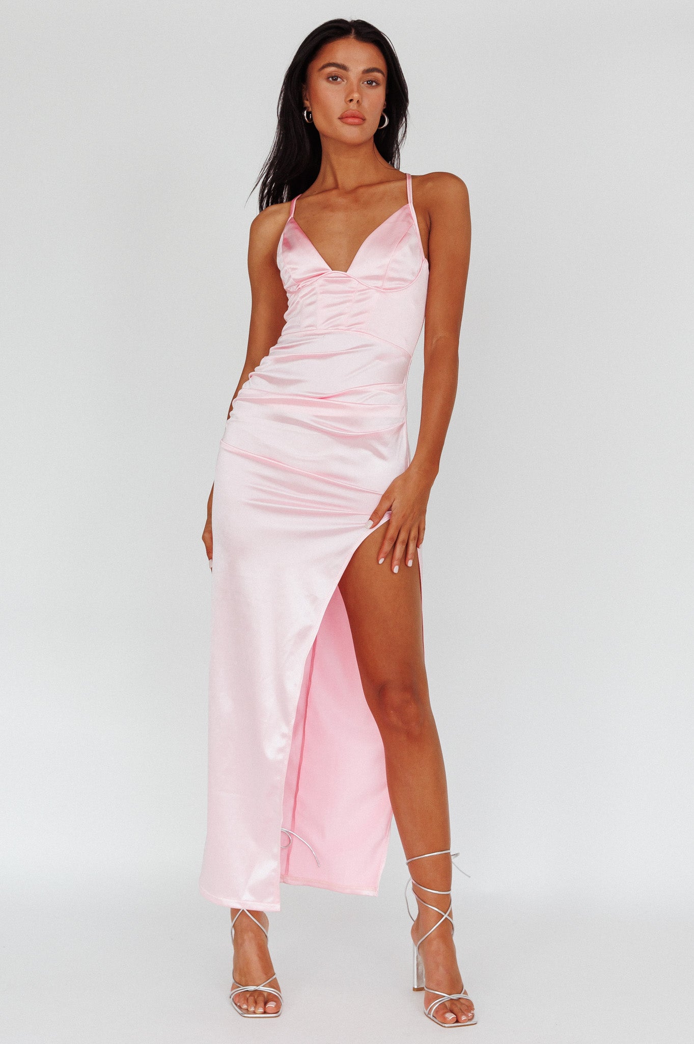 Shop the Cierra Thigh Split Maxi Dress Baby Pink