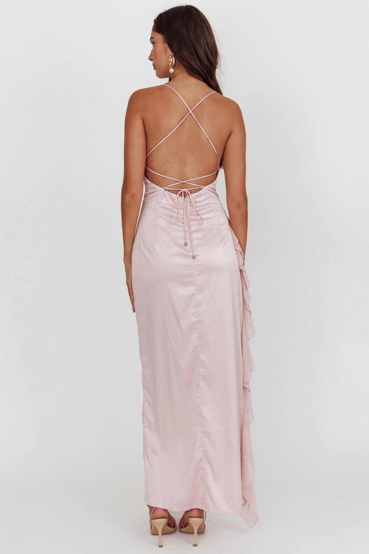 Katarina Satin Ruffle Hem Maxi Dress Cheek | Selfie Leslie
