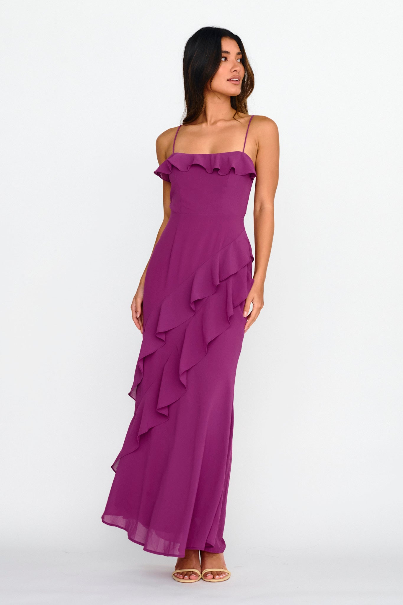 Shop the Actual Sunshine Ruffle Trim Maxi Dress Plum | Selfie Leslie