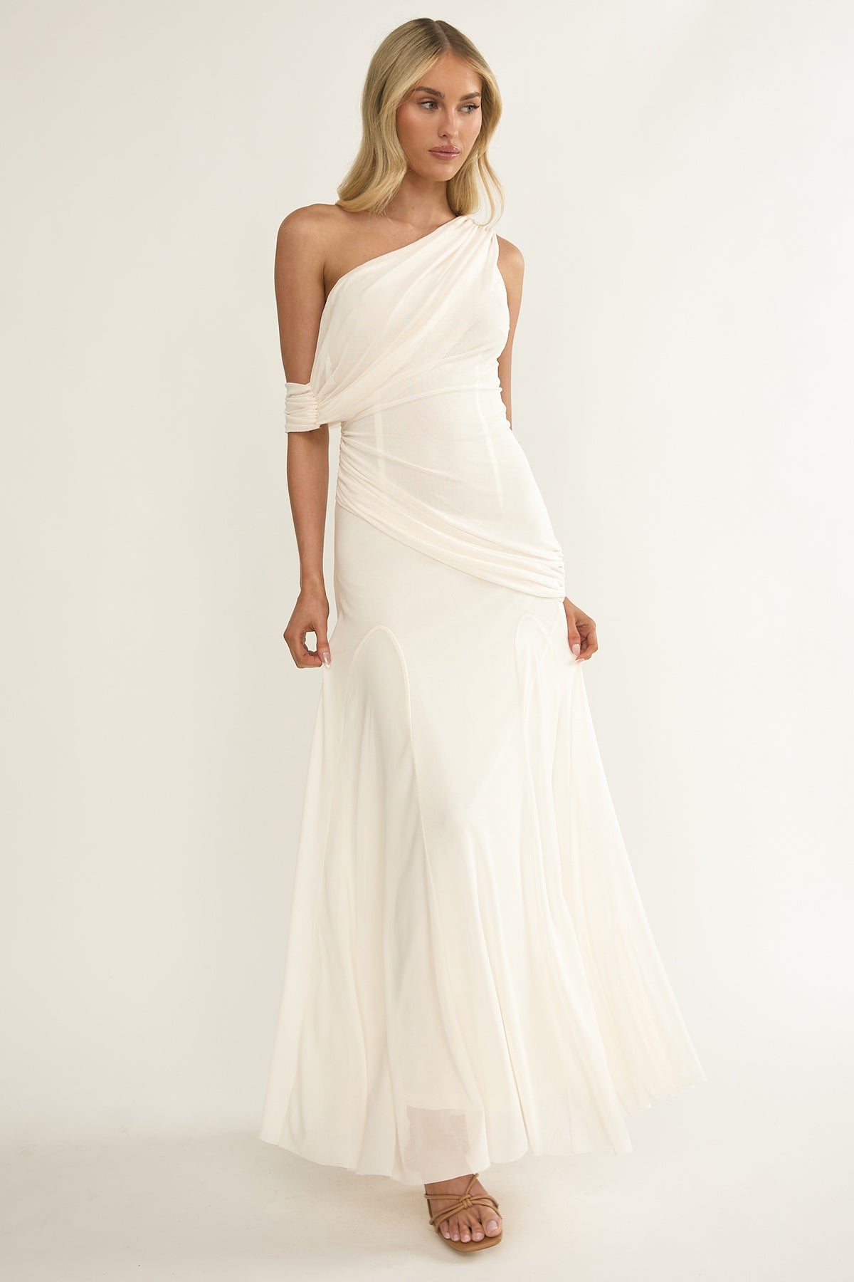 Anaisa Asymmetric Neckline Draped Maxi Dress Oyster– Selfie Leslie