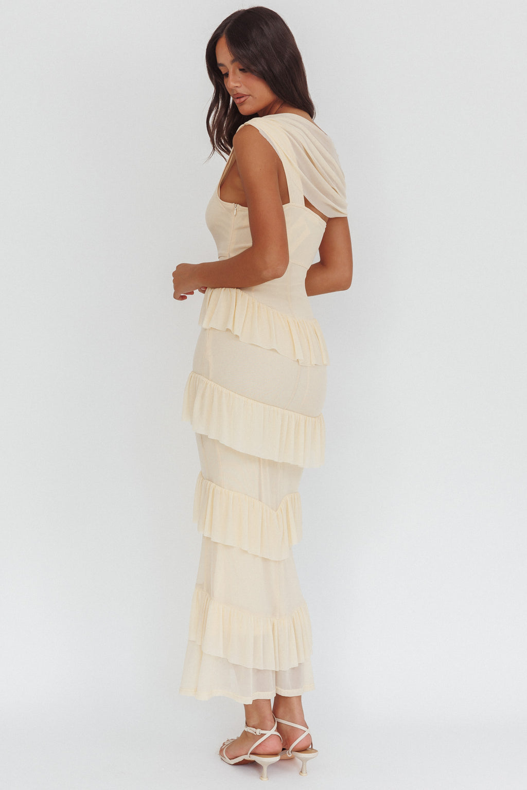 Shop the Anaisa Asymmetric Neckline Frill Maxi Dress Cream