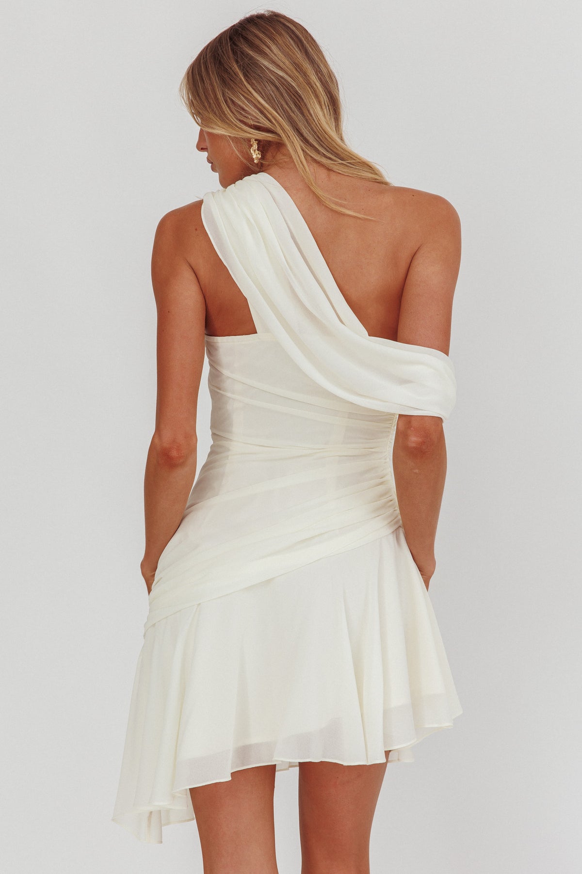 Anaisa One-Shoulder Draped Mini Dress Cream– Selfie Leslie