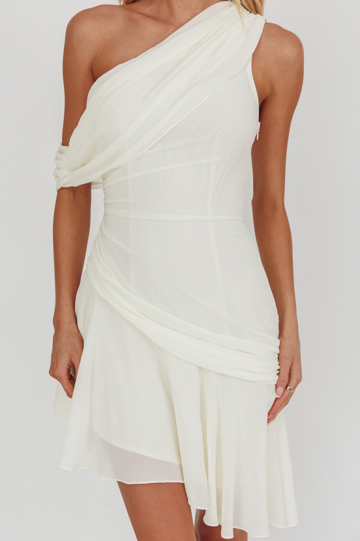 Anaisa One-Shoulder Draped Mini Dress Cream– Selfie Leslie