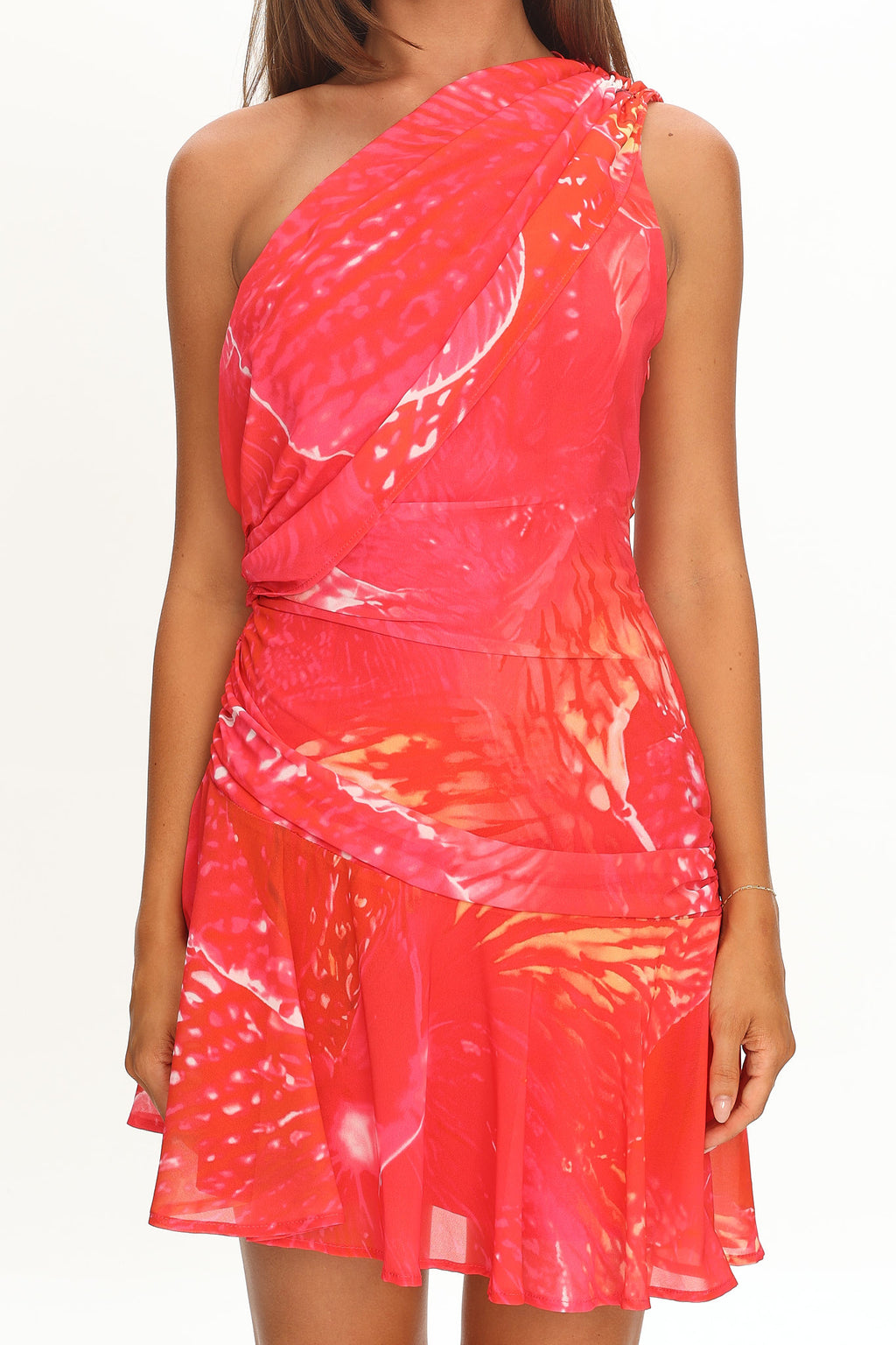 Anaisa One-Shoulder Draped Mini Dress Print Red | Selfie Leslie