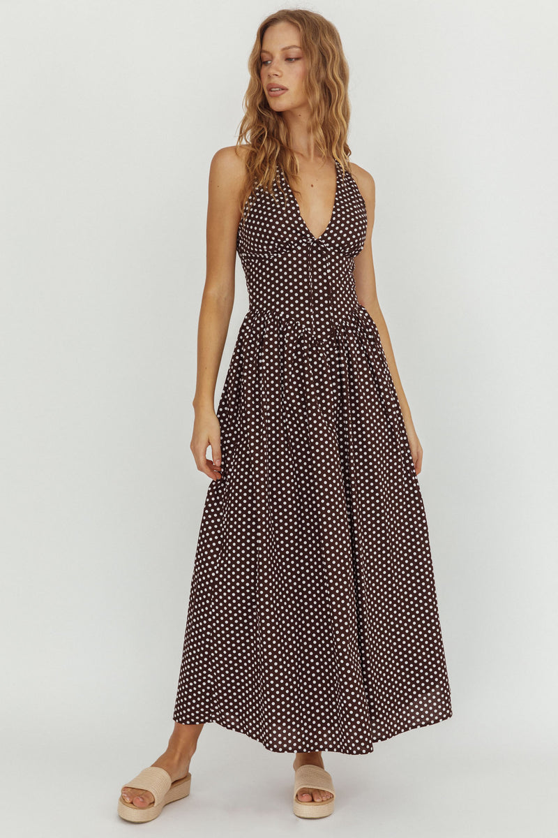 Shop the Clarette Basque Waist Open Back Maxi Dress Spotted Chocolate