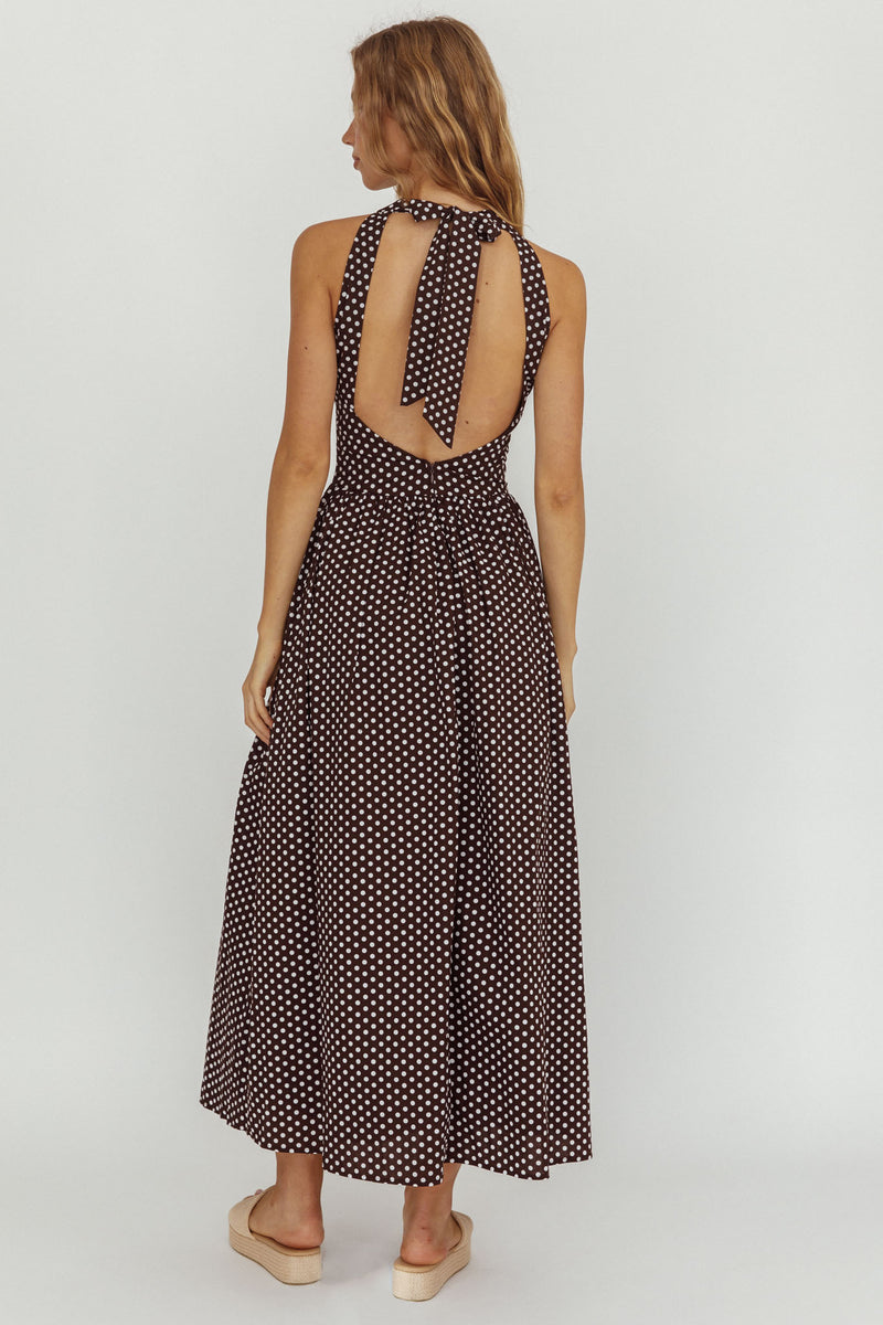 Shop the Clarette Basque Waist Open Back Maxi Dress Spotted Chocolate