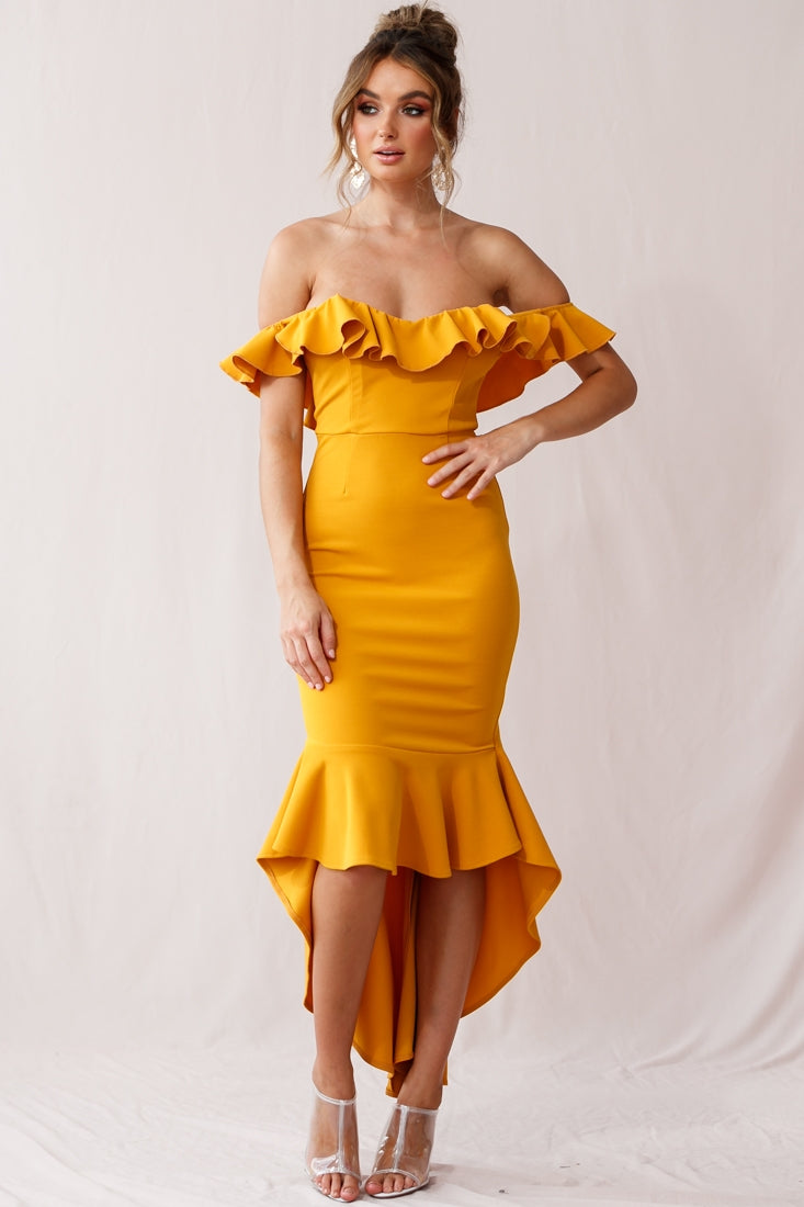 Shop the Cloud 9 Bardot Neckline Corset Back Dress Mustard