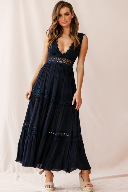 Shop the Indio Crochet Insert Deep V-Neckline Maxi Dress Navy | Selfie ...
