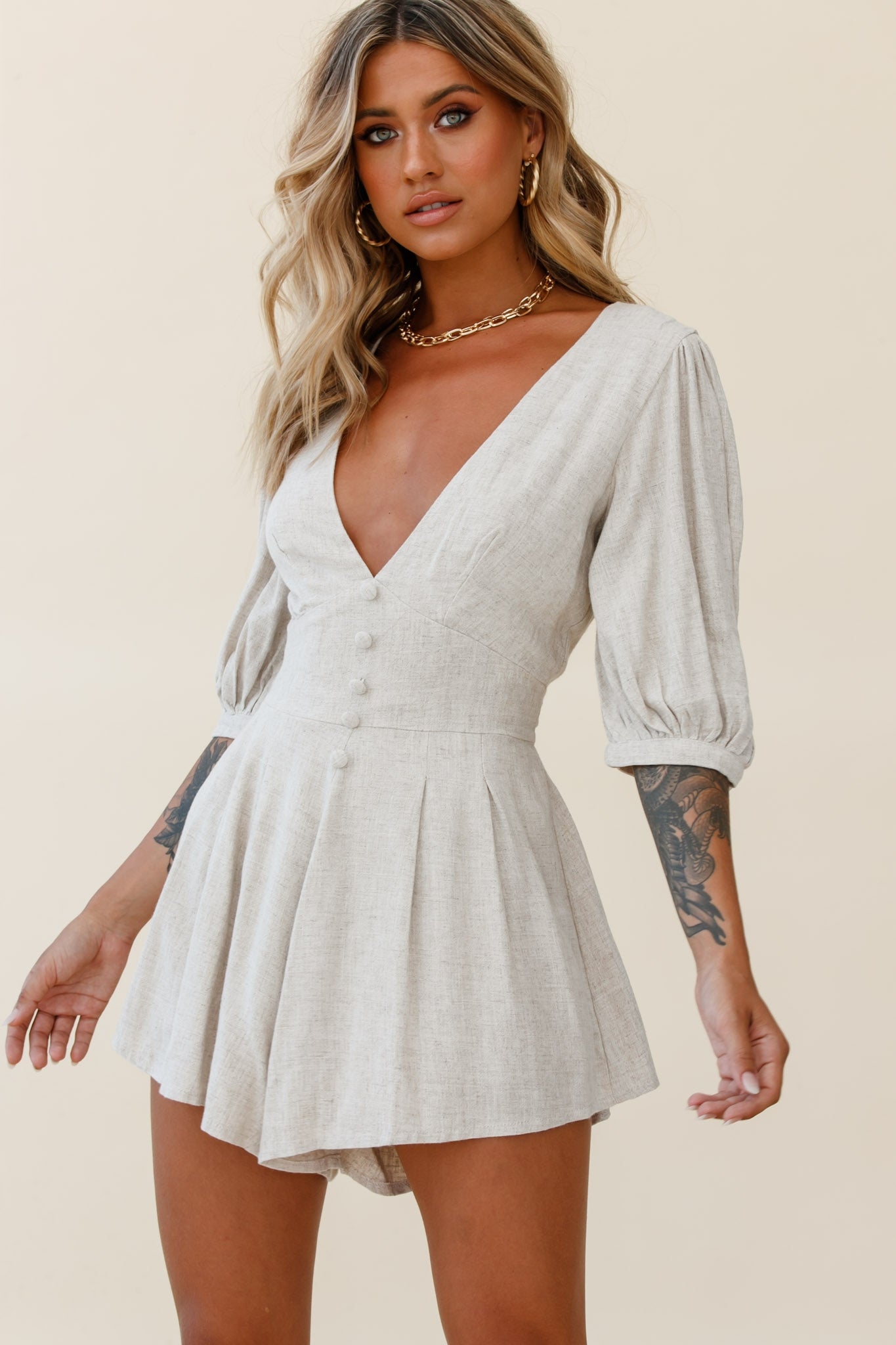 Shop the Jinka Balloon Sleeve Structured Bodice Romper Natural