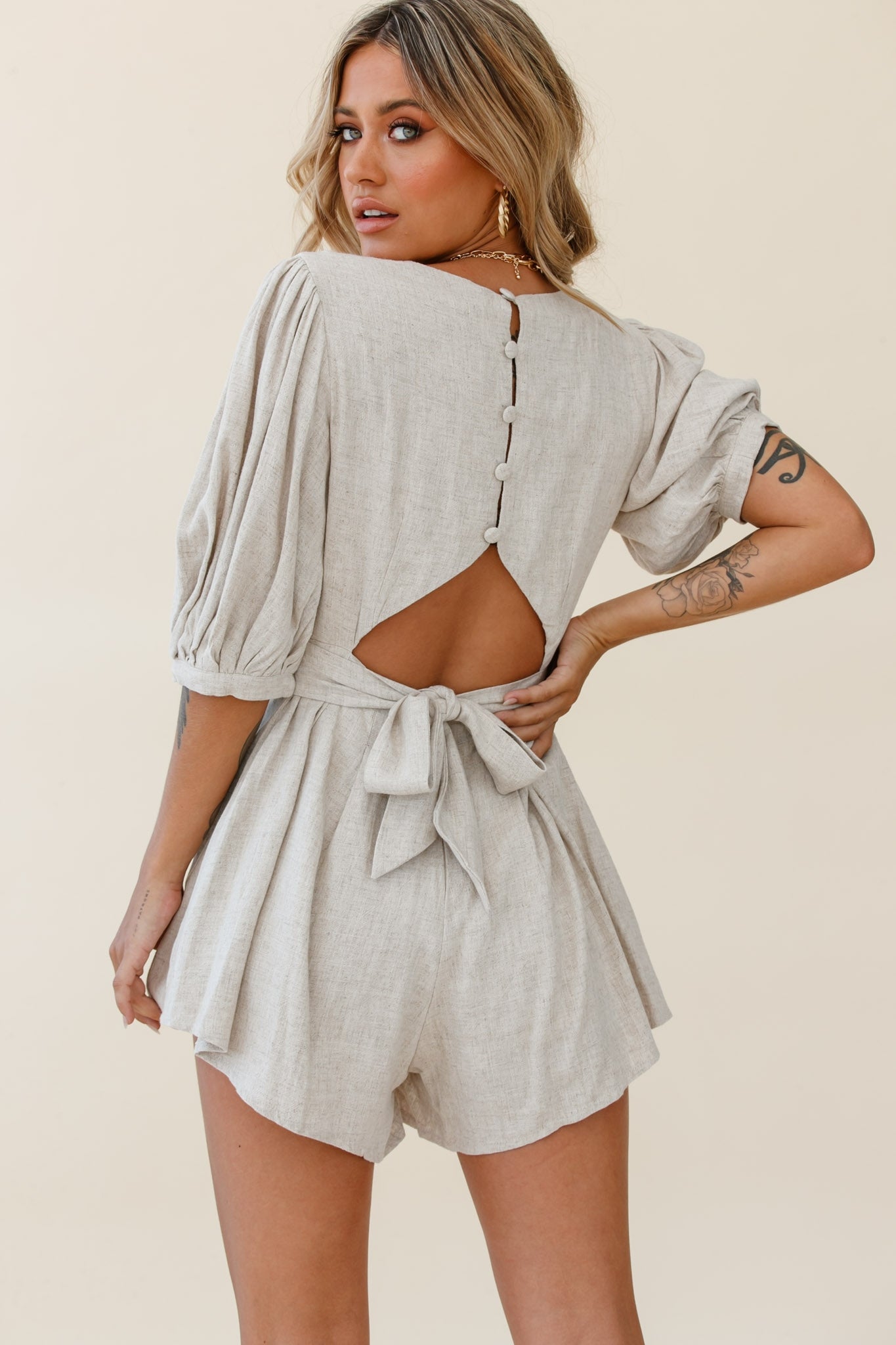 Shop the Jinka Balloon Sleeve Structured Bodice Romper Natural