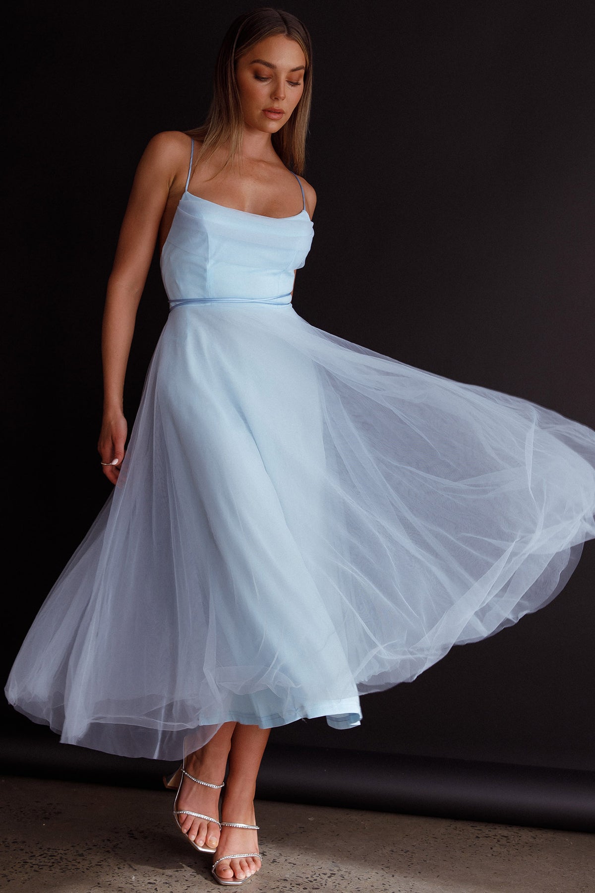 Shop the Floating By Pleated Neckline Mesh Midi Dress Blue