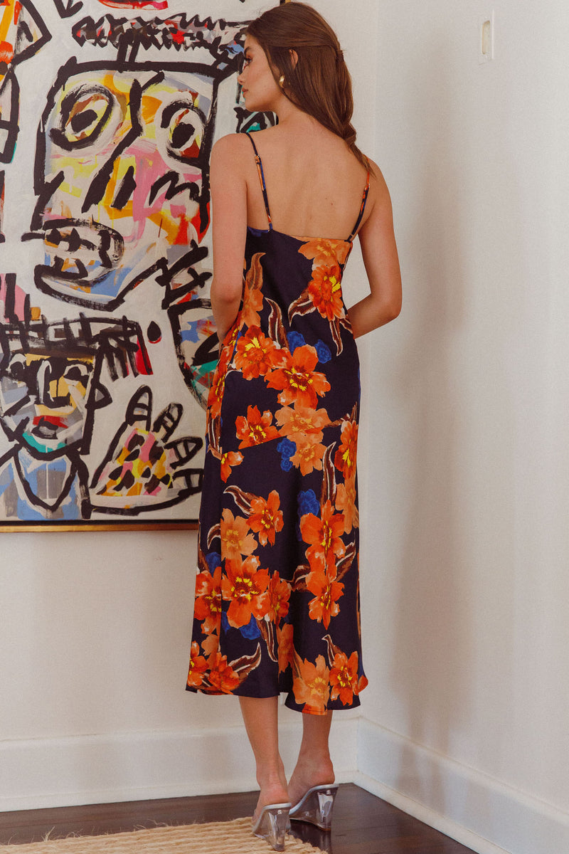 Shop the Well Versed Pleated Bust Front Split Dress Flower Orange