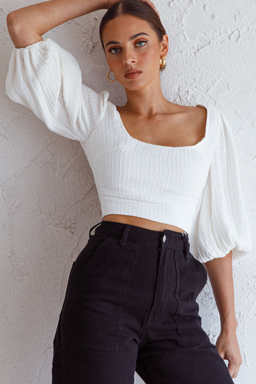 Love Like This Balloon Sleeve Open Back Crop Top Textured White ...