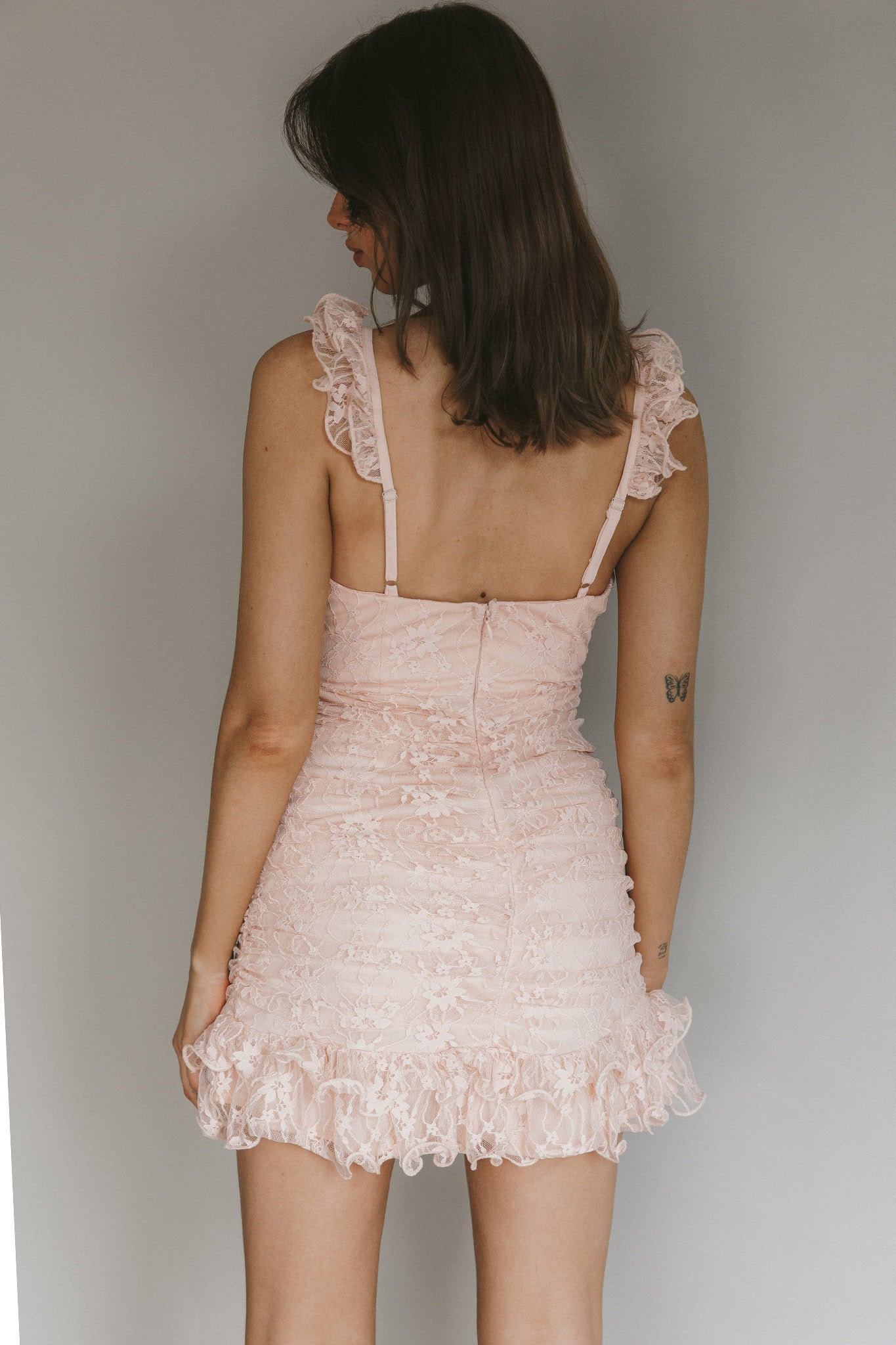 Shop the Kaley Ruched Side Layered Frill Hem Lace Mini Dress Blush