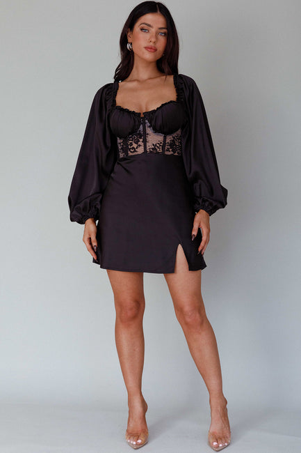 Shop the Trophy Long Sleeve Lace Bodice Mini Dress Black | Selfie Leslie