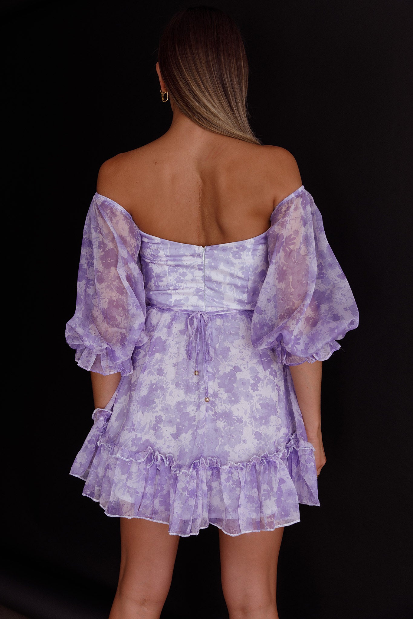 Shop the Alethea Puff Sleeve Cut-Out Waist Dress Floral Print Lilac