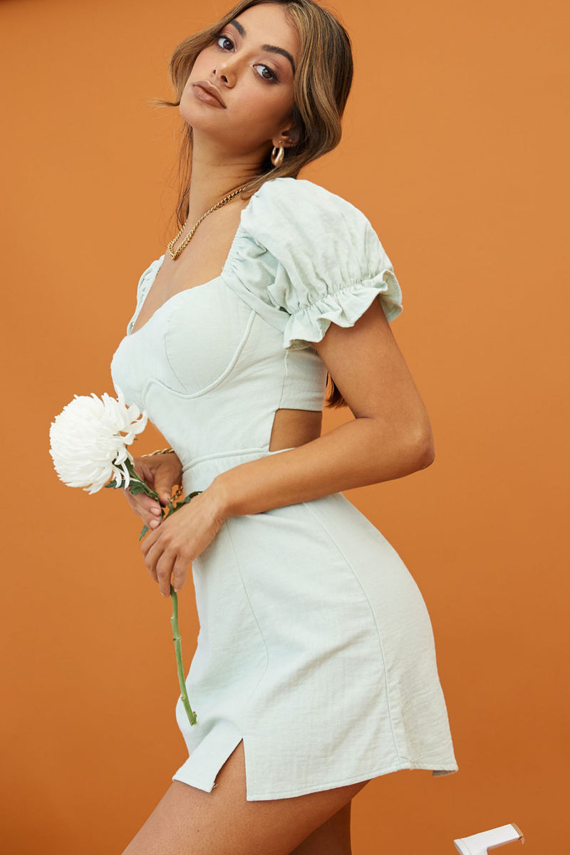 Shop the Norma Jean Puff Sleeve Piping Trim Mini Dress Sage