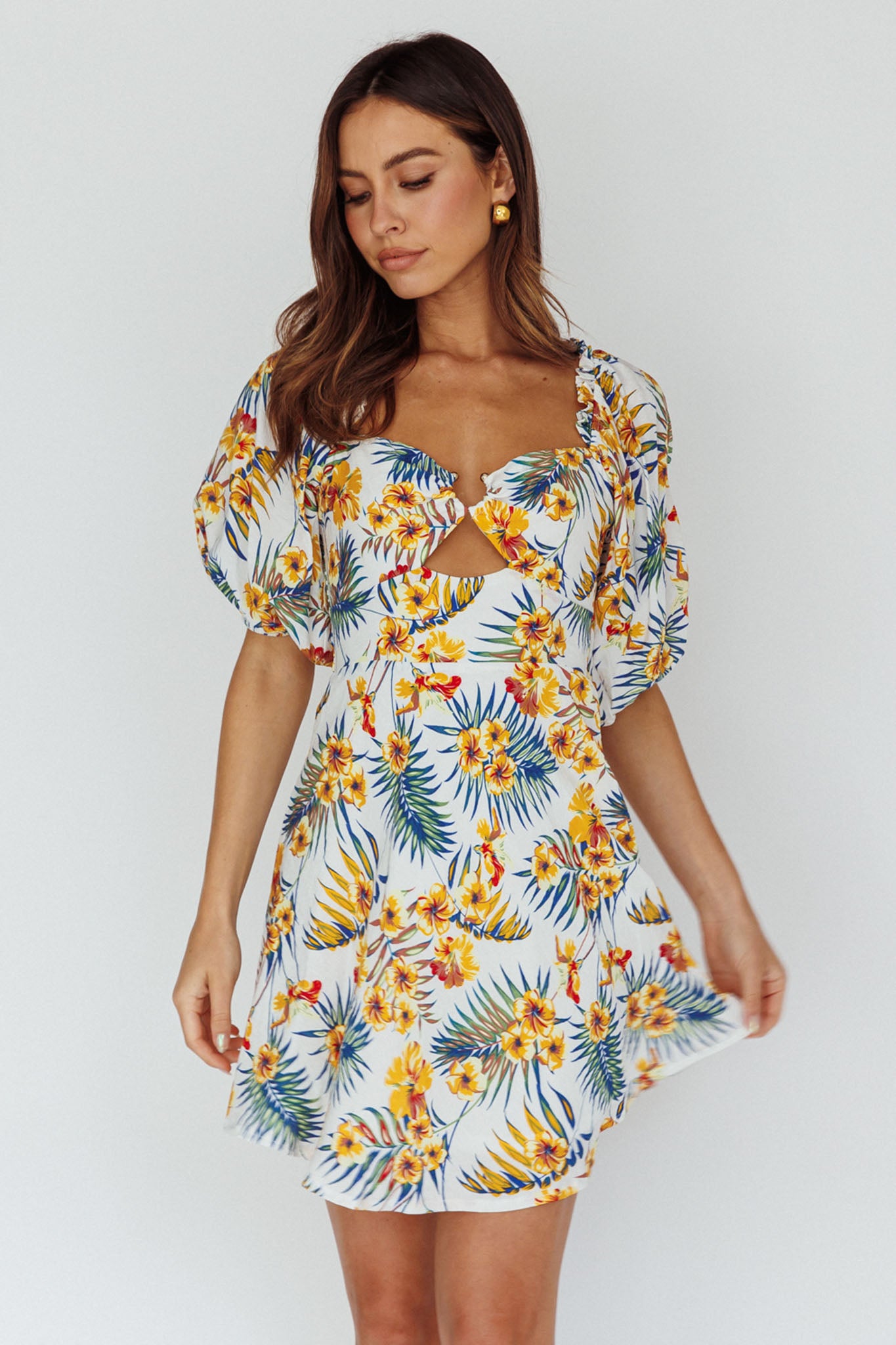 Shop the Alpha Cut-Out Bodice Mini Dress Floral White
