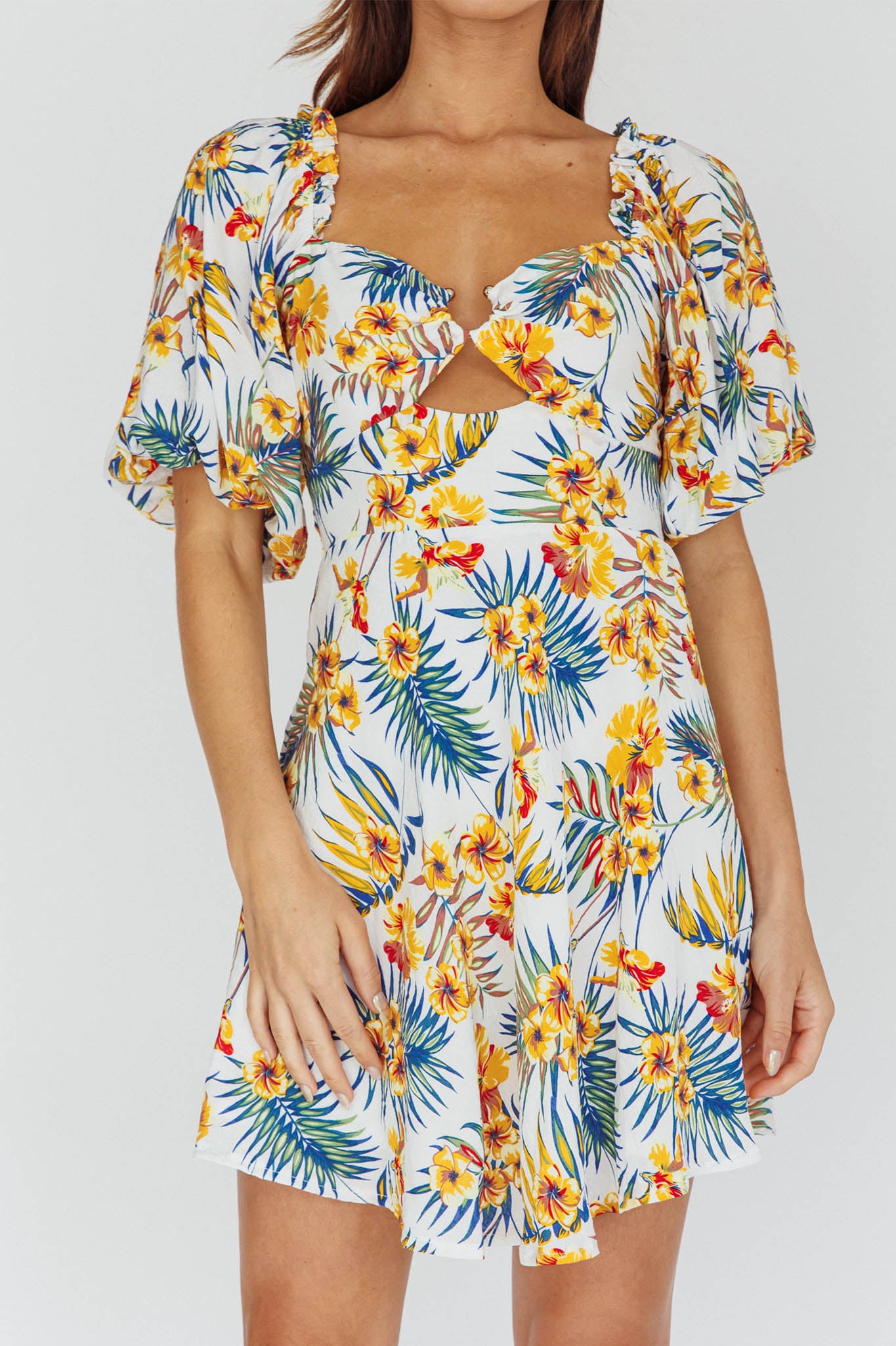 Shop the Alpha Cut-Out Bodice Mini Dress Floral White