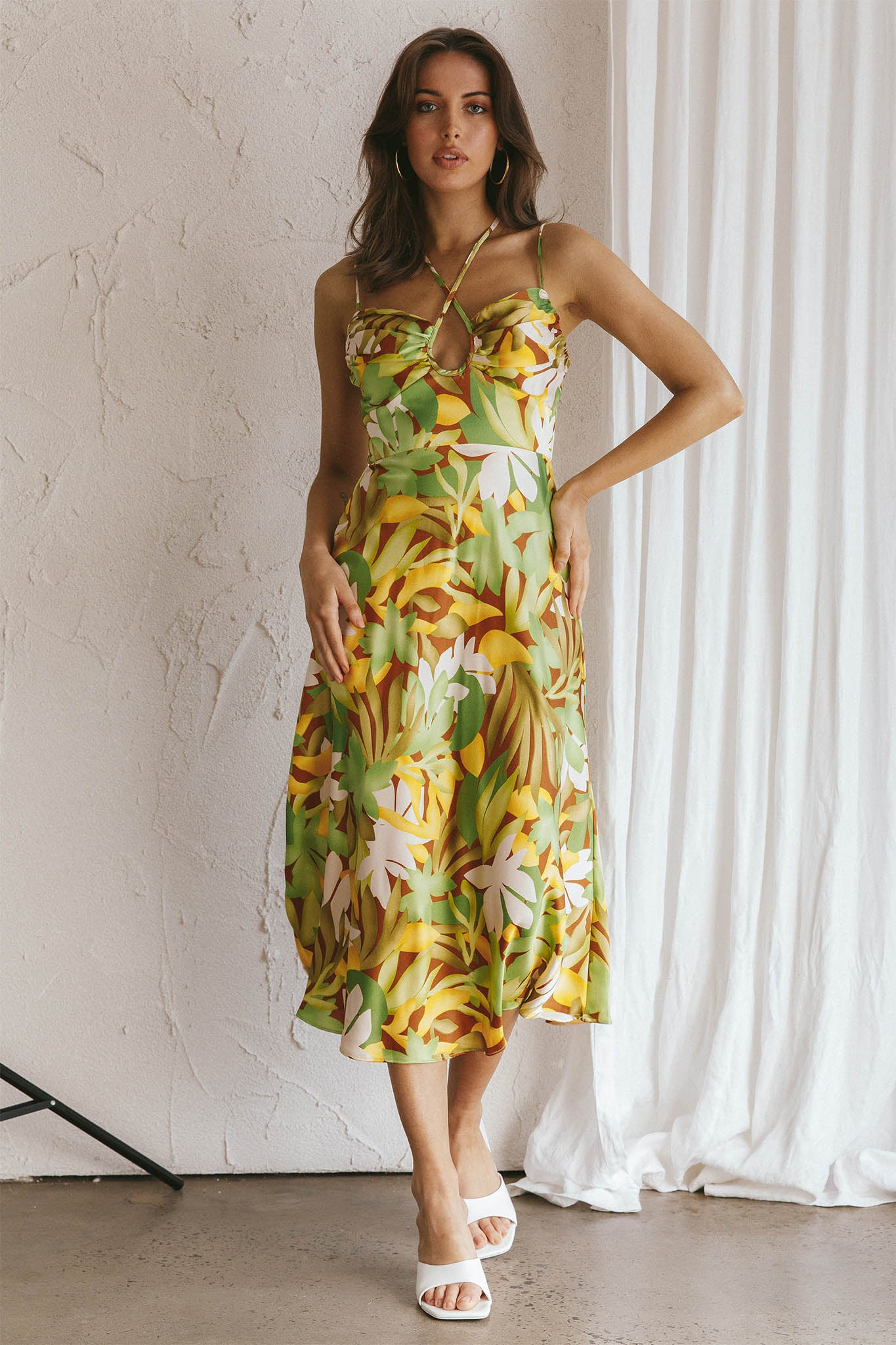 Shop the Emmalie Satin Midi Dress Floral Green