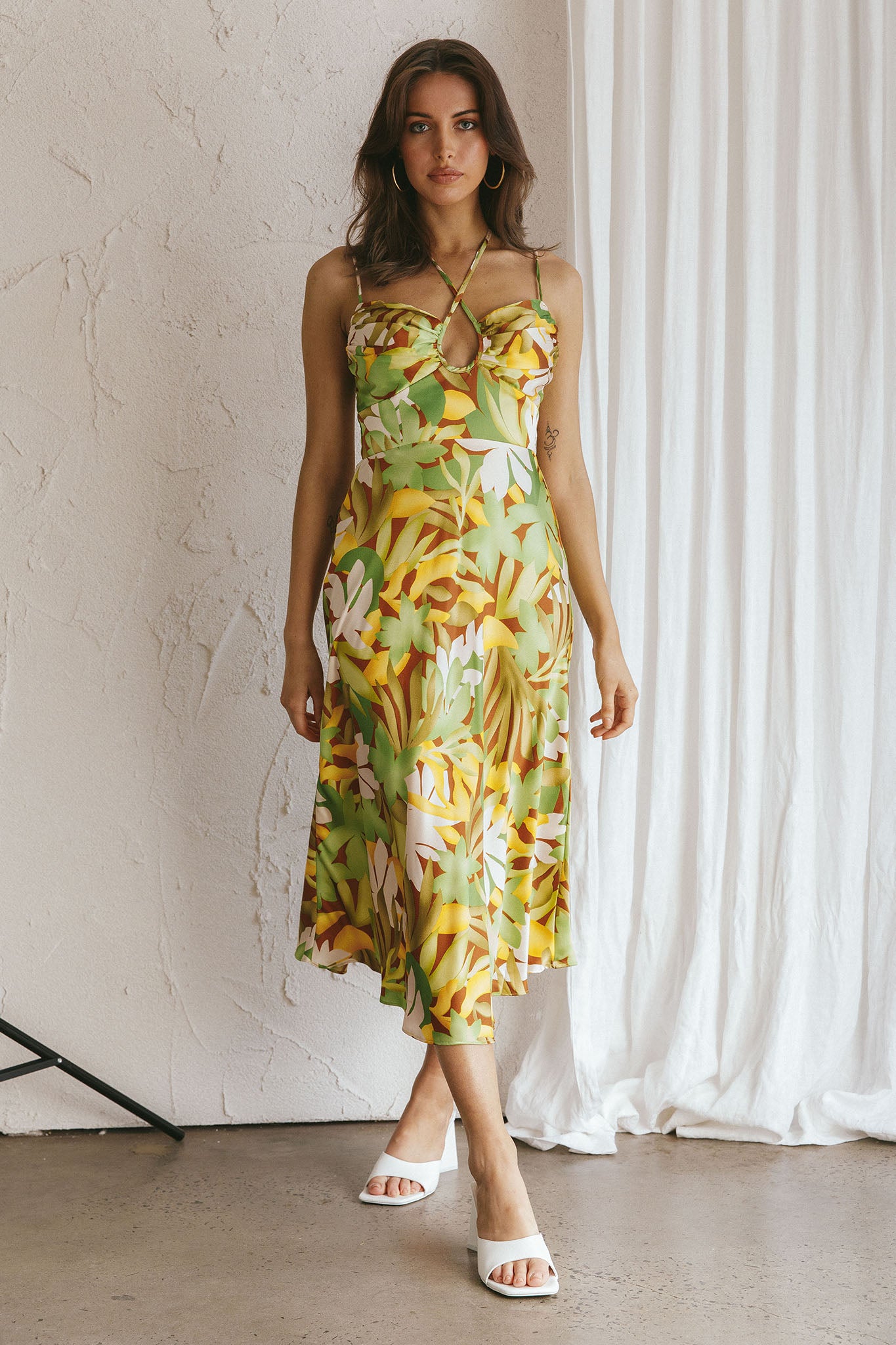 Shop the Emmalie Satin Midi Dress Floral Green