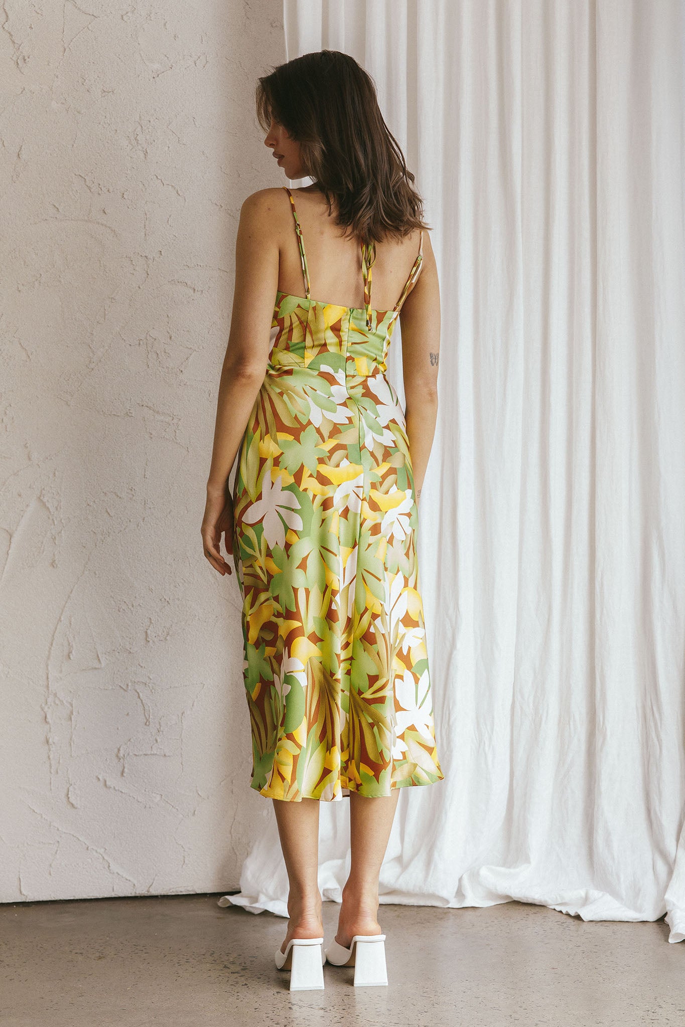 Shop the Emmalie Satin Midi Dress Floral Green