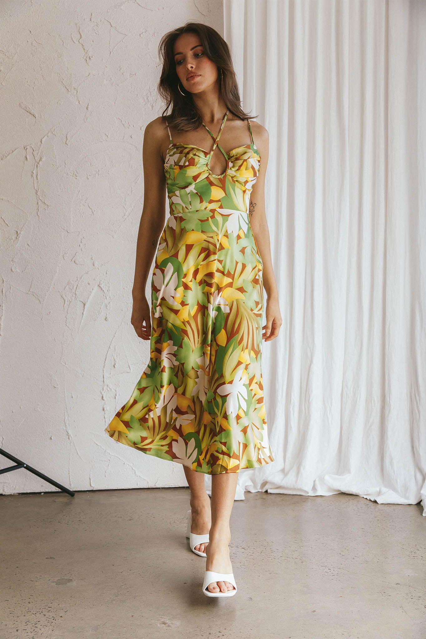 Shop the Emmalie Satin Midi Dress Floral Green
