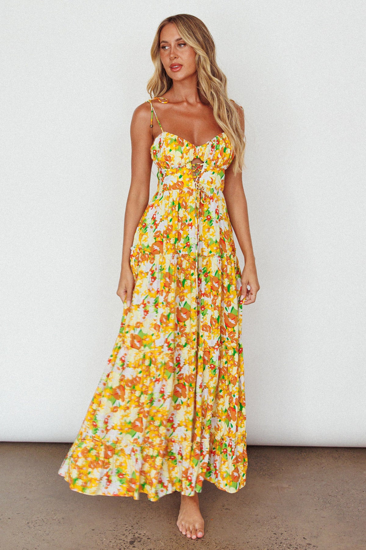 Kinlee Lace-Up Bodice Maxi Dress Floral Orange– Selfie Leslie