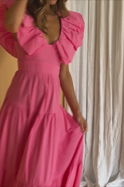 Shop the Kahlo Puffed Ruffle Neckline Maxi Dress Soft Pink | Selfie Leslie