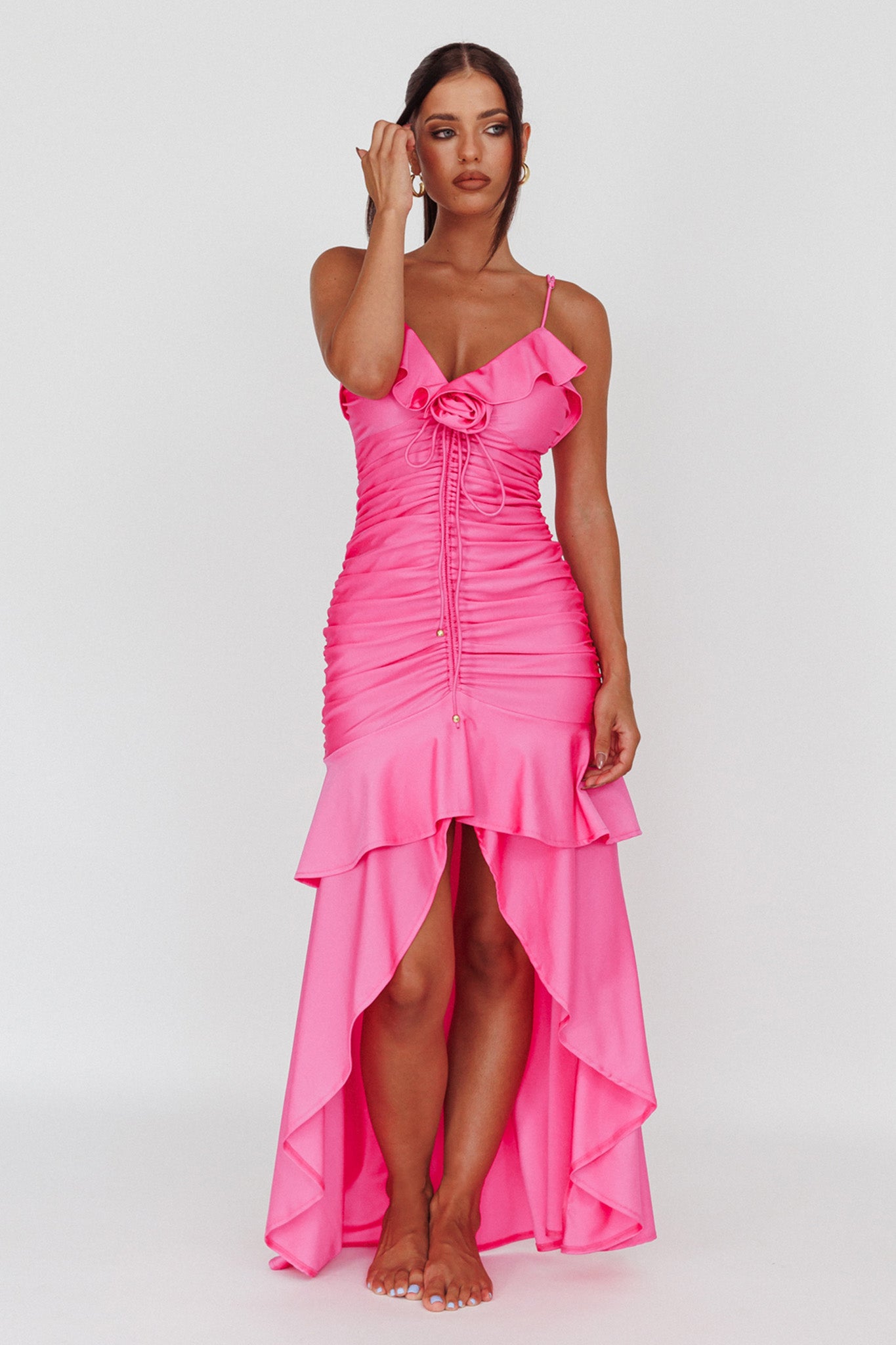 Shop the Rosalia Ruched Ruffle Maxi Dress Fuchsia | Selfie Leslie