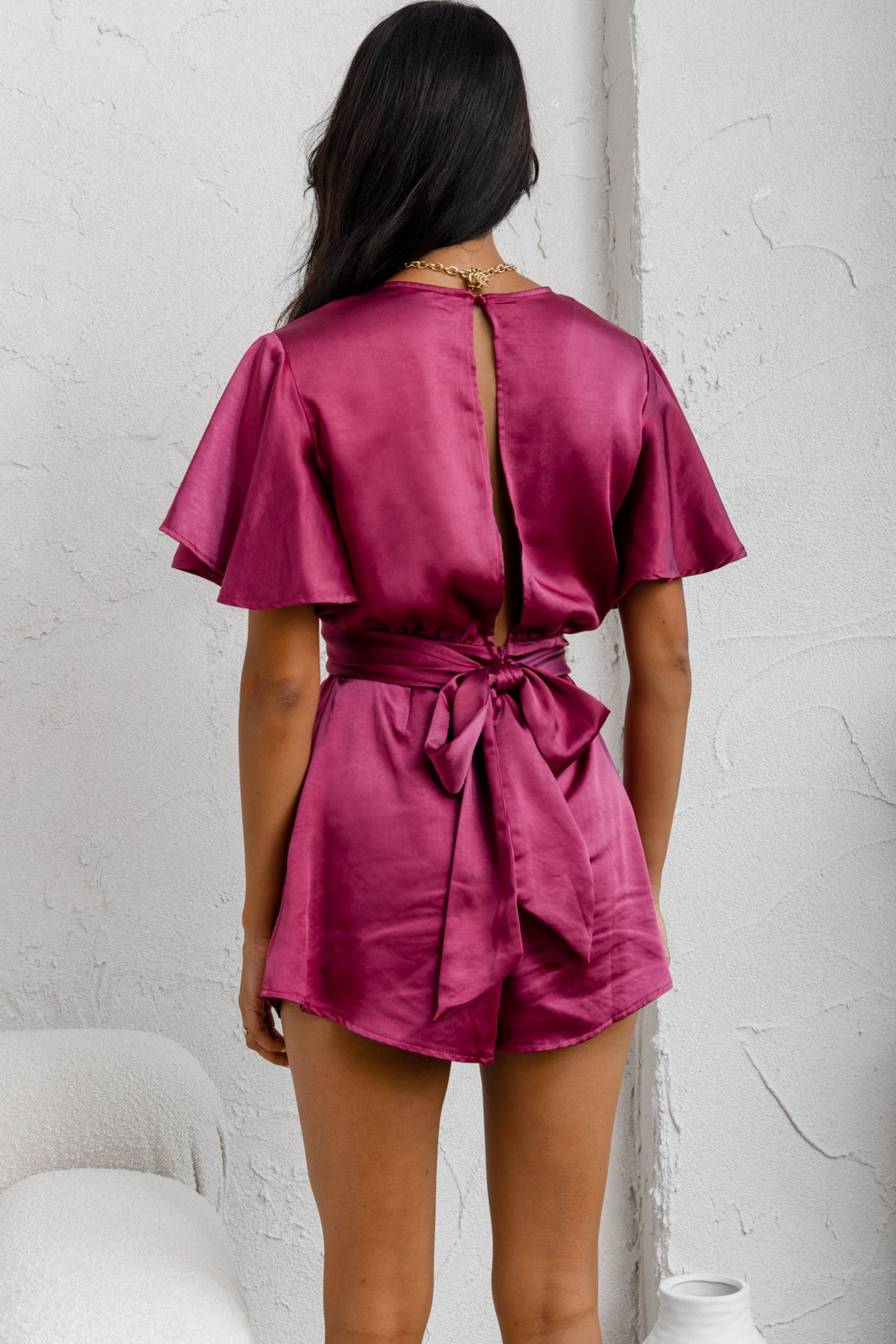 Unconditional Plunging Wrap Style Romper Fuchsia– Selfie Leslie
