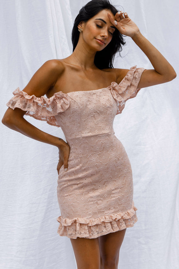 Shop the Verona Off-Shoulder Lace Overlay Mini Dress Blush