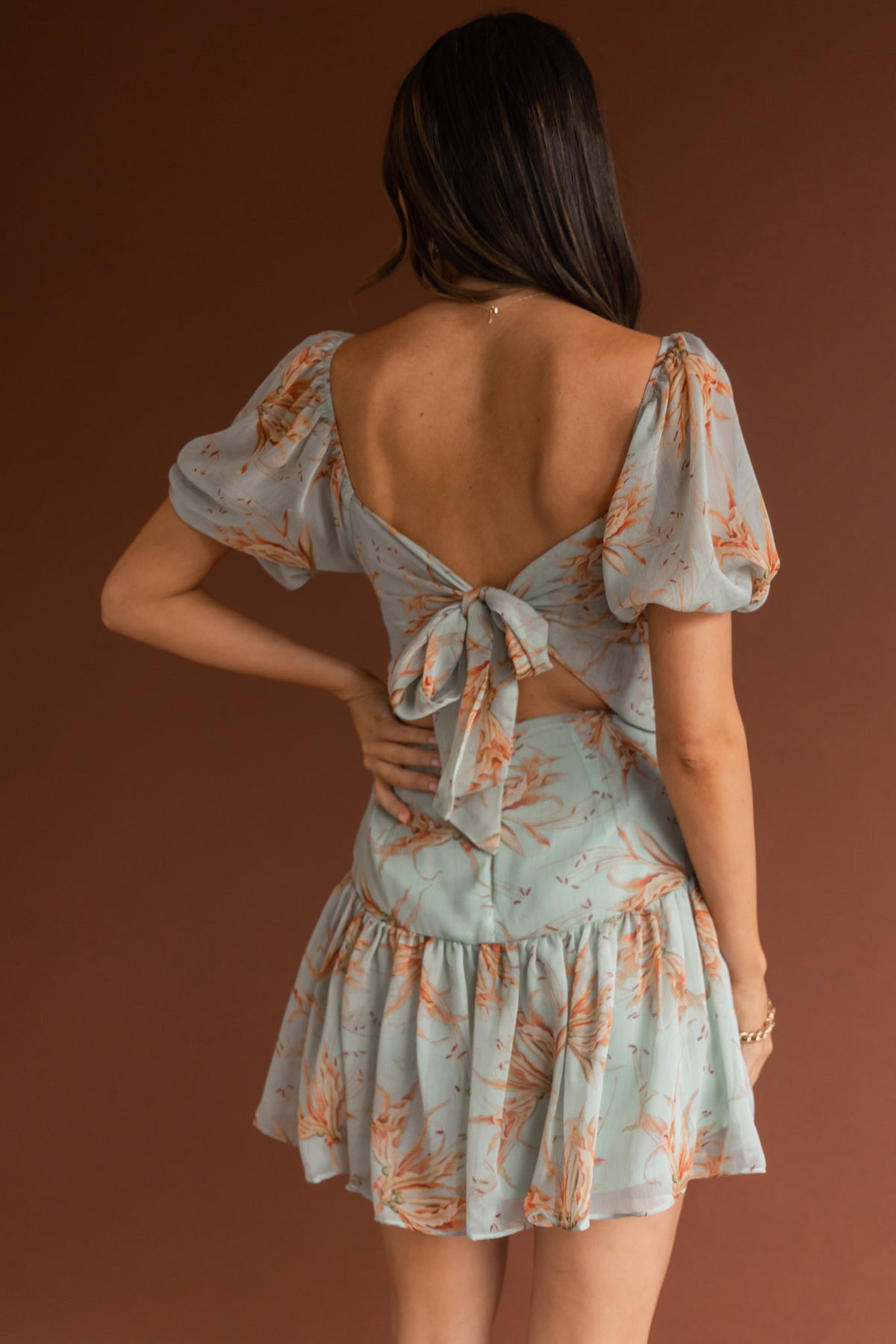 Shop the Devoted Structured Bust Puff Sleeve Dress Lily Print Pistachio