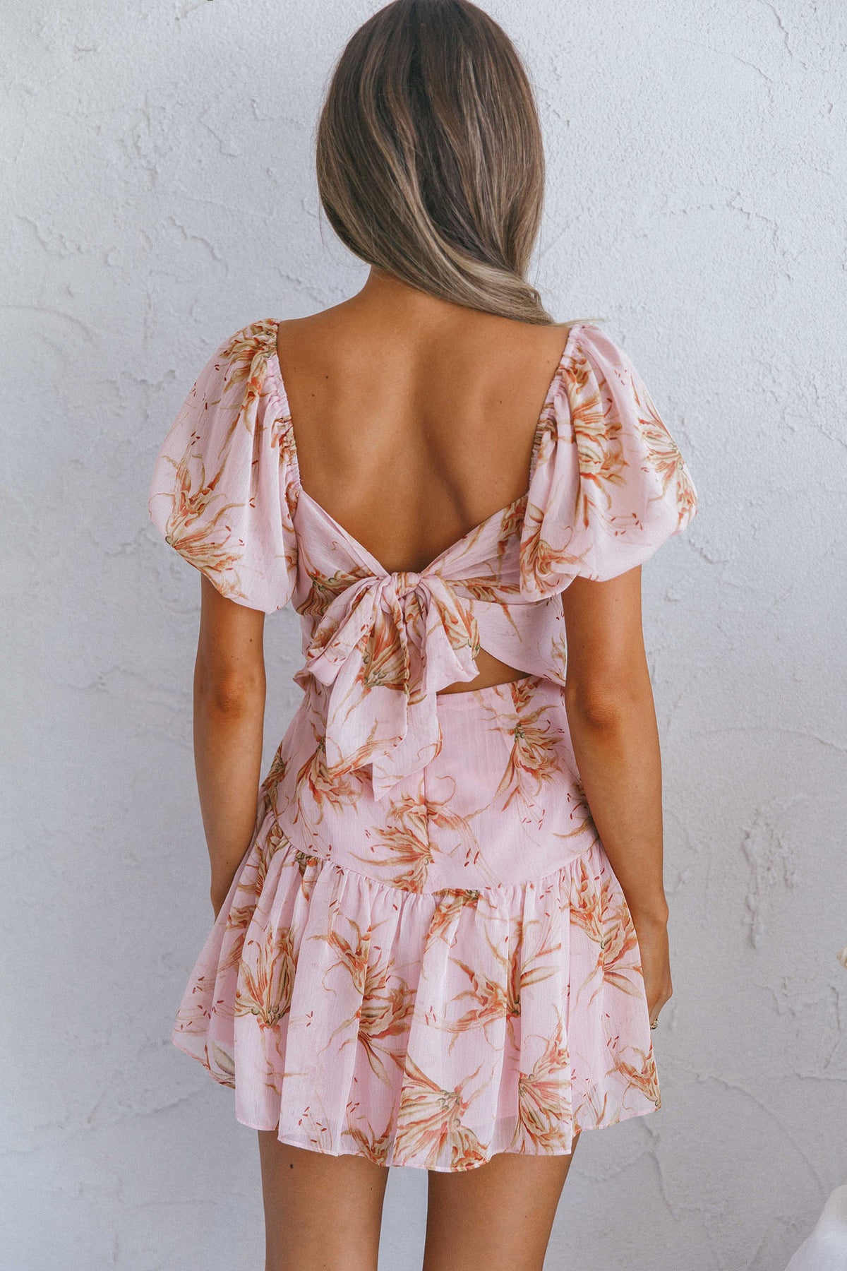 Shop the Devoted Structured Bust Puff Sleeve Dress Lily Print Pink