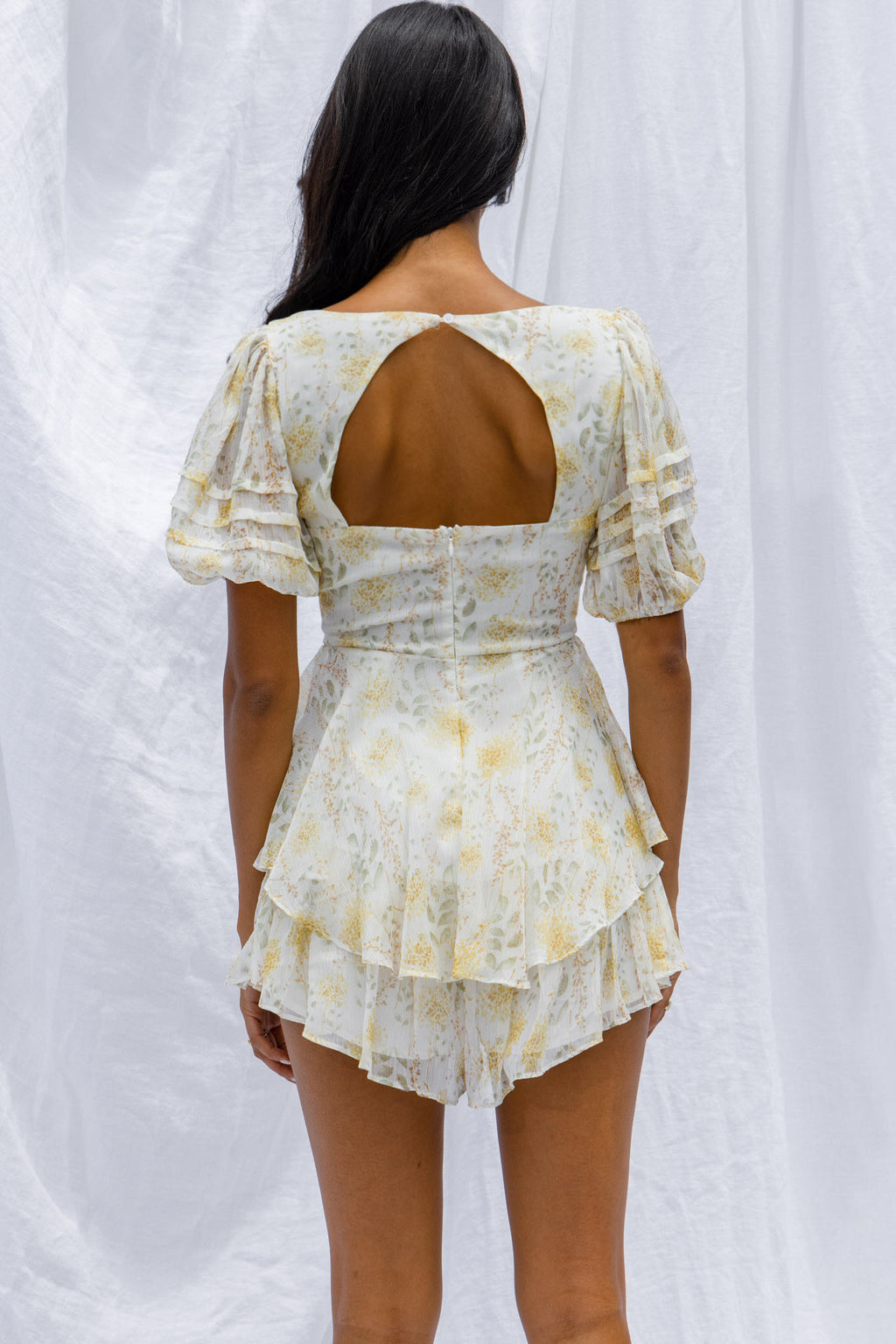 Shop the Sun Drops Puff Sleeve Keyhole Back Romper Floral Print Mint